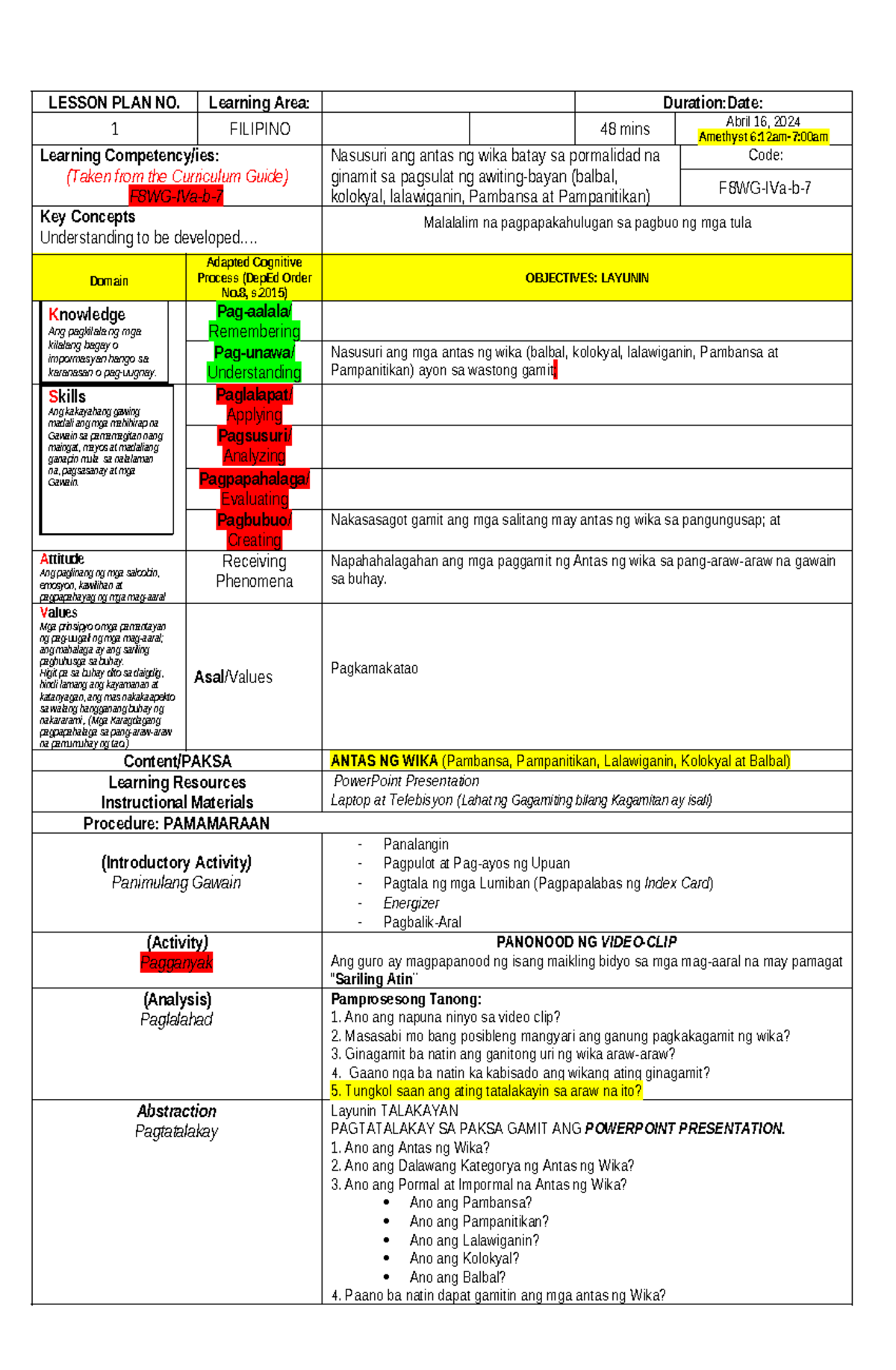 Filipino COT 3 1 - Lesson plan on antas ng wika and its applications ...