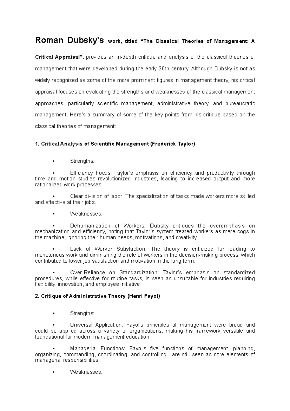 Roman Dubsky’s work, titled “The Classical Theories of Management A ...