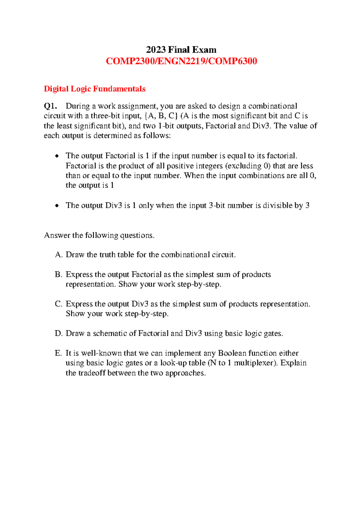 2023 Final Exam: Digital Logic Fundamentals Q1 & Q2 Solutions - Studocu