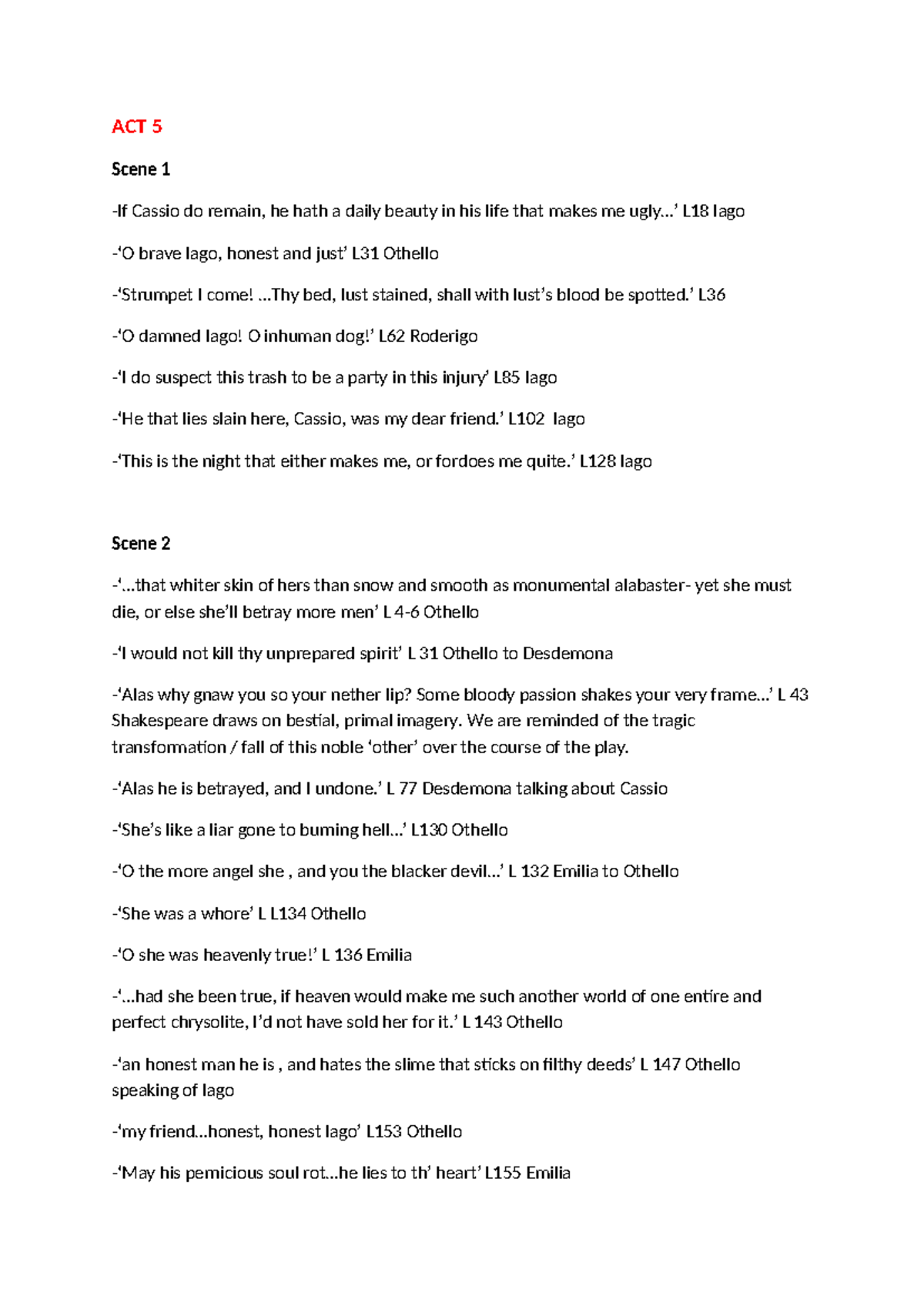 Othello Act V Quote Analysis for English Class - Studocu