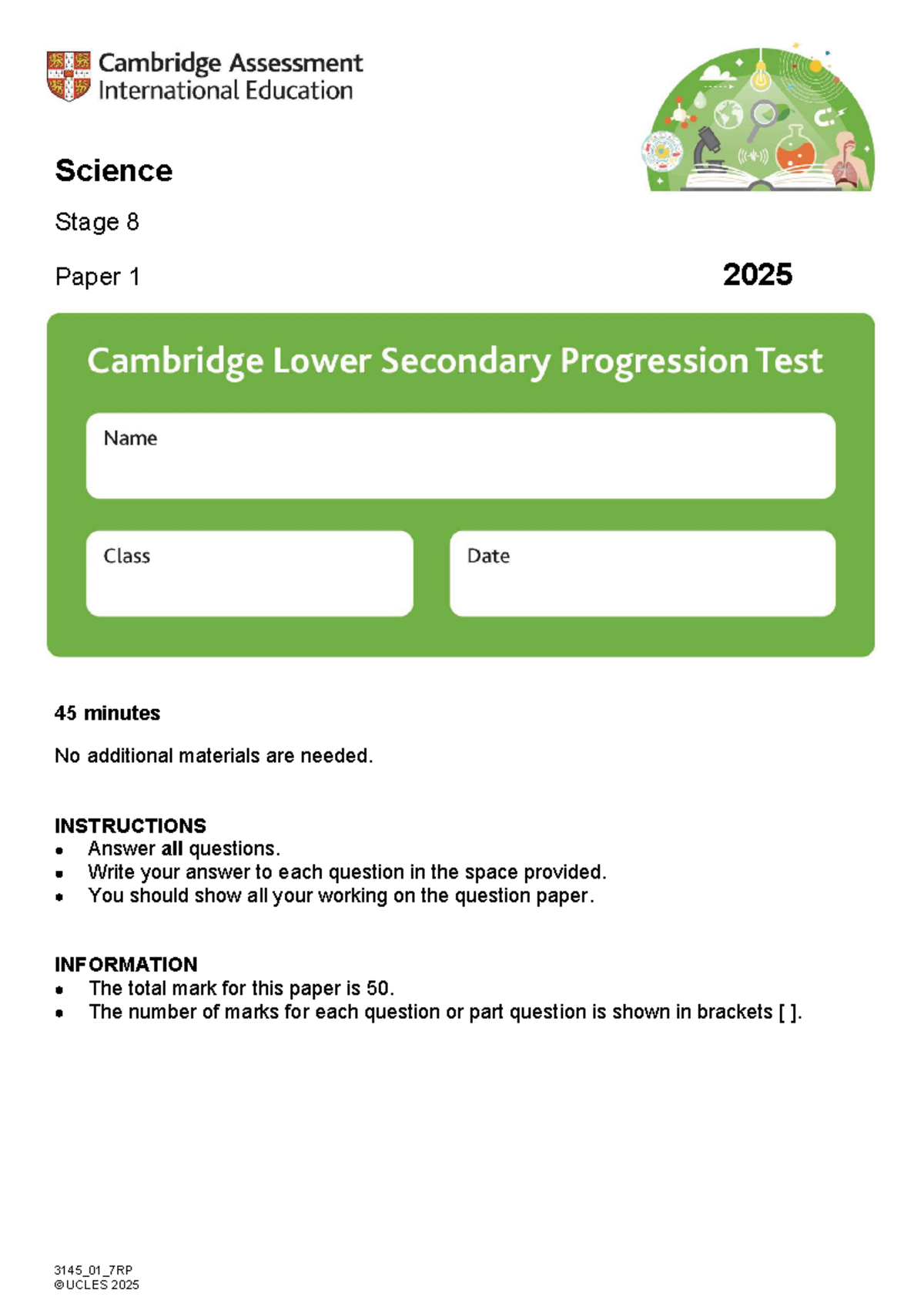 Progression Test Stage 8 Science 2025 Paper 1 - Studocu