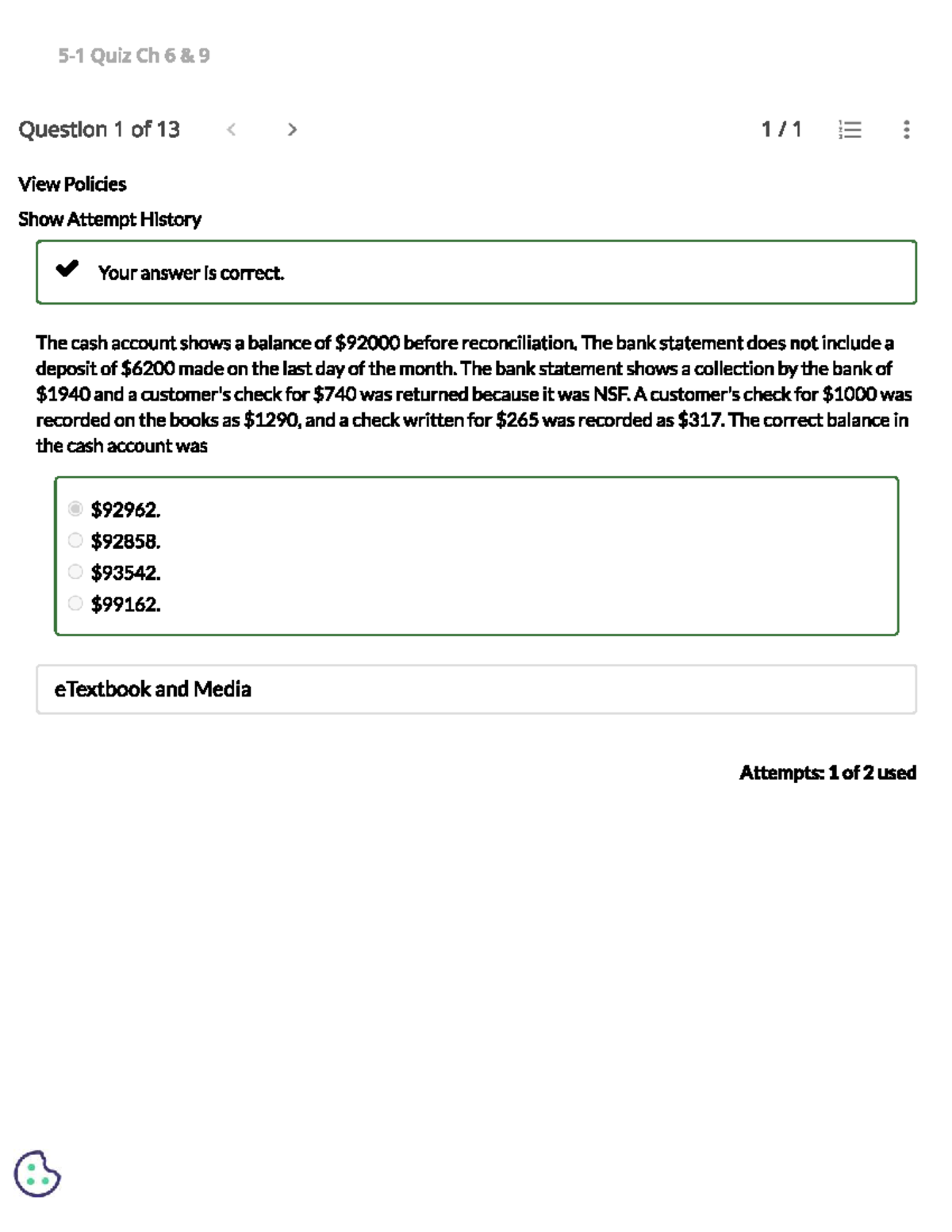 ACC 317 Quiz 5-1: Cash Account Reconciliation Question 1 - Studocu
