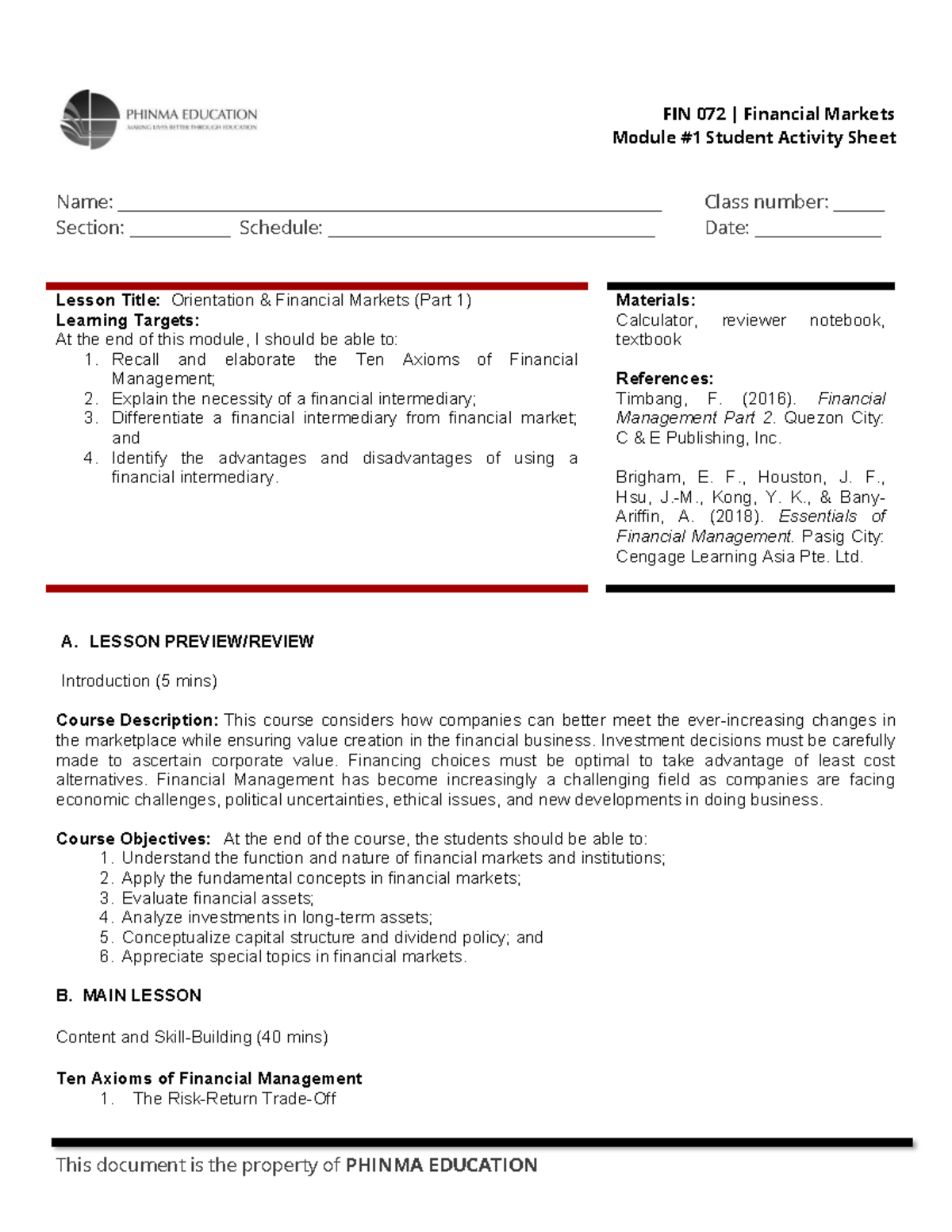 FIN 072 Financial Markets Module: Orientation Lesson Activity Sheet ...