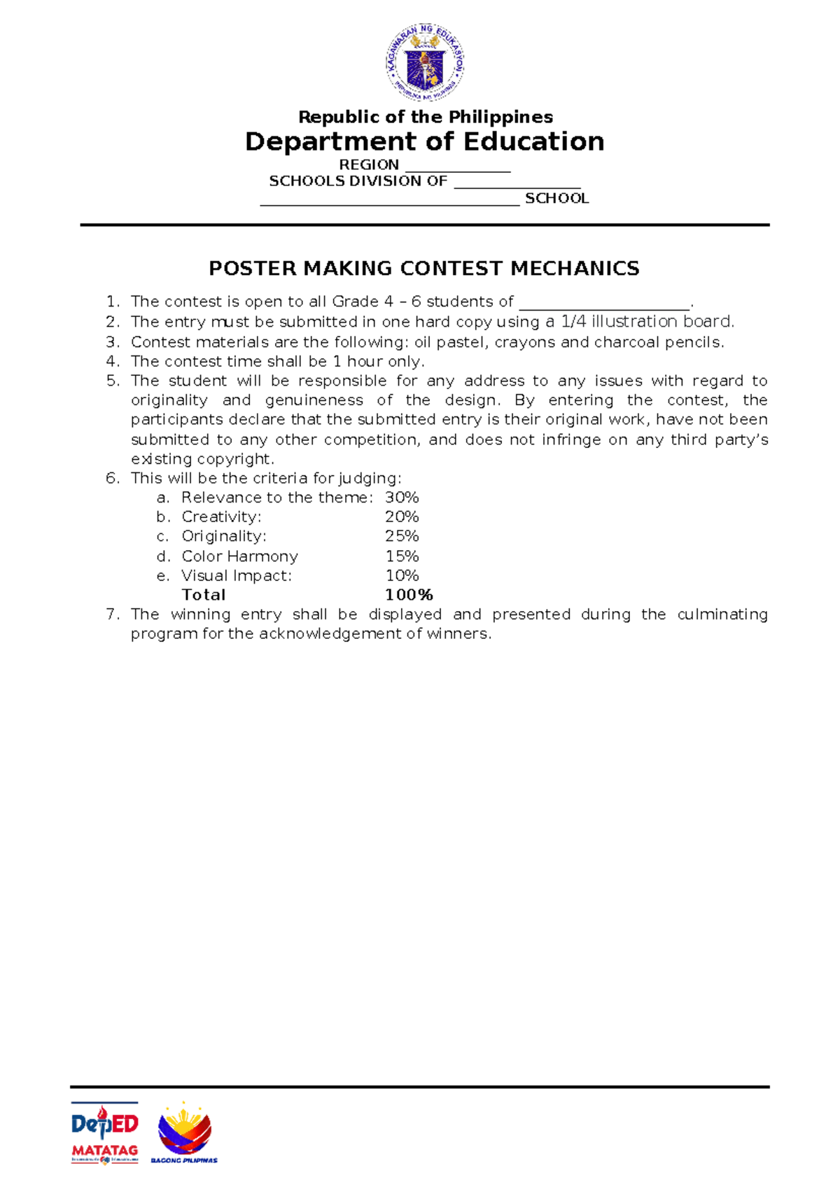 Poster Making Contest Mechanics for Grades 4-6 Students - Studocu