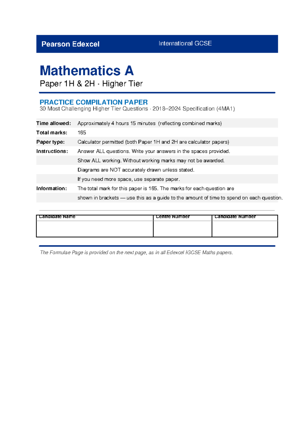 IGCSE Maths A (4MA1) Higher Tier Practice Paper: Challenging Questions ...