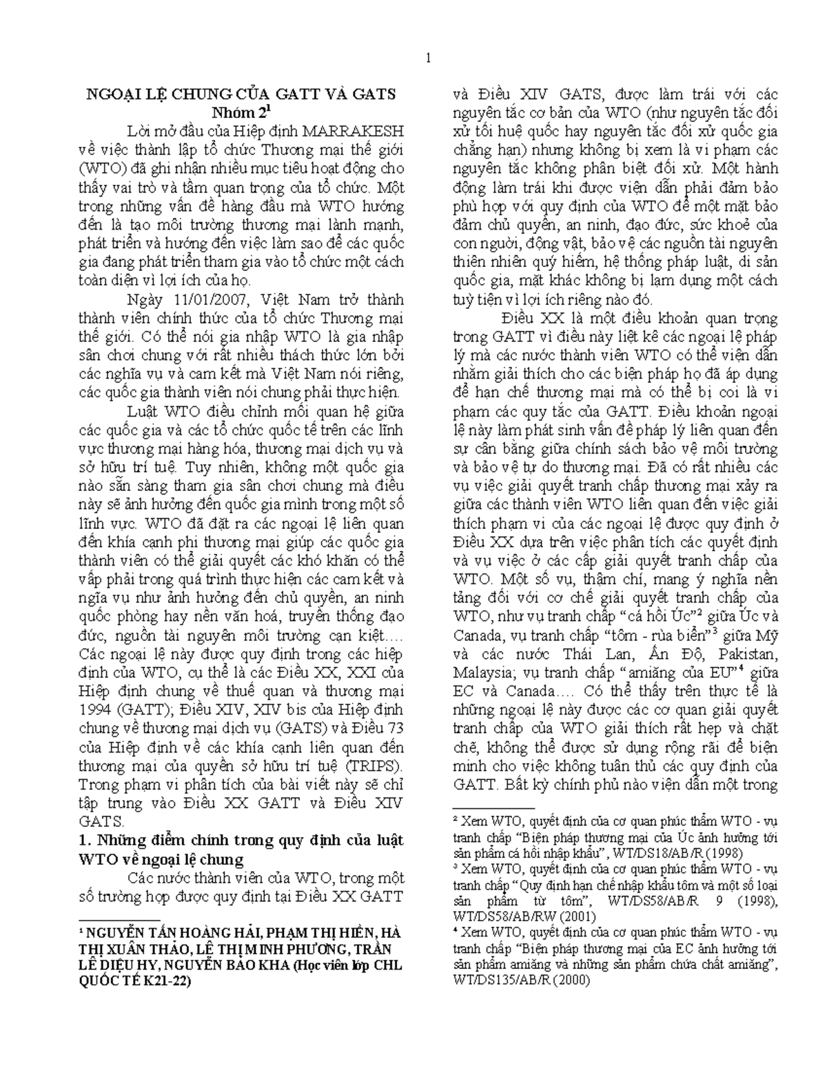 NGOI LỆ CHUNG CỦA GATT VÀ GATS - PHÂN TÍCH LUẬT WTO - Studocu