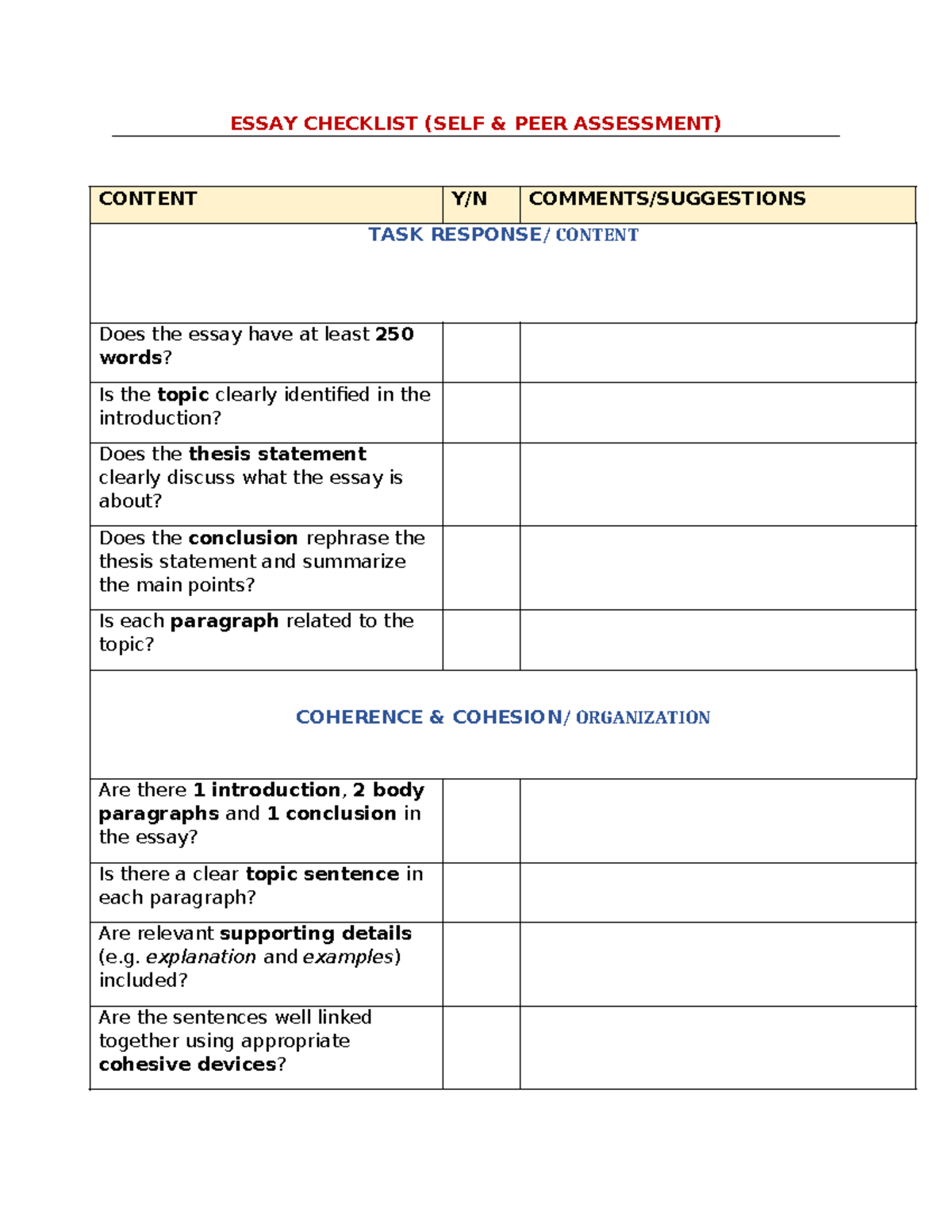 Essay Checklist - Rubrics - ESSAY CHECKLIST (SELF & PEER ASSESSMENT ...