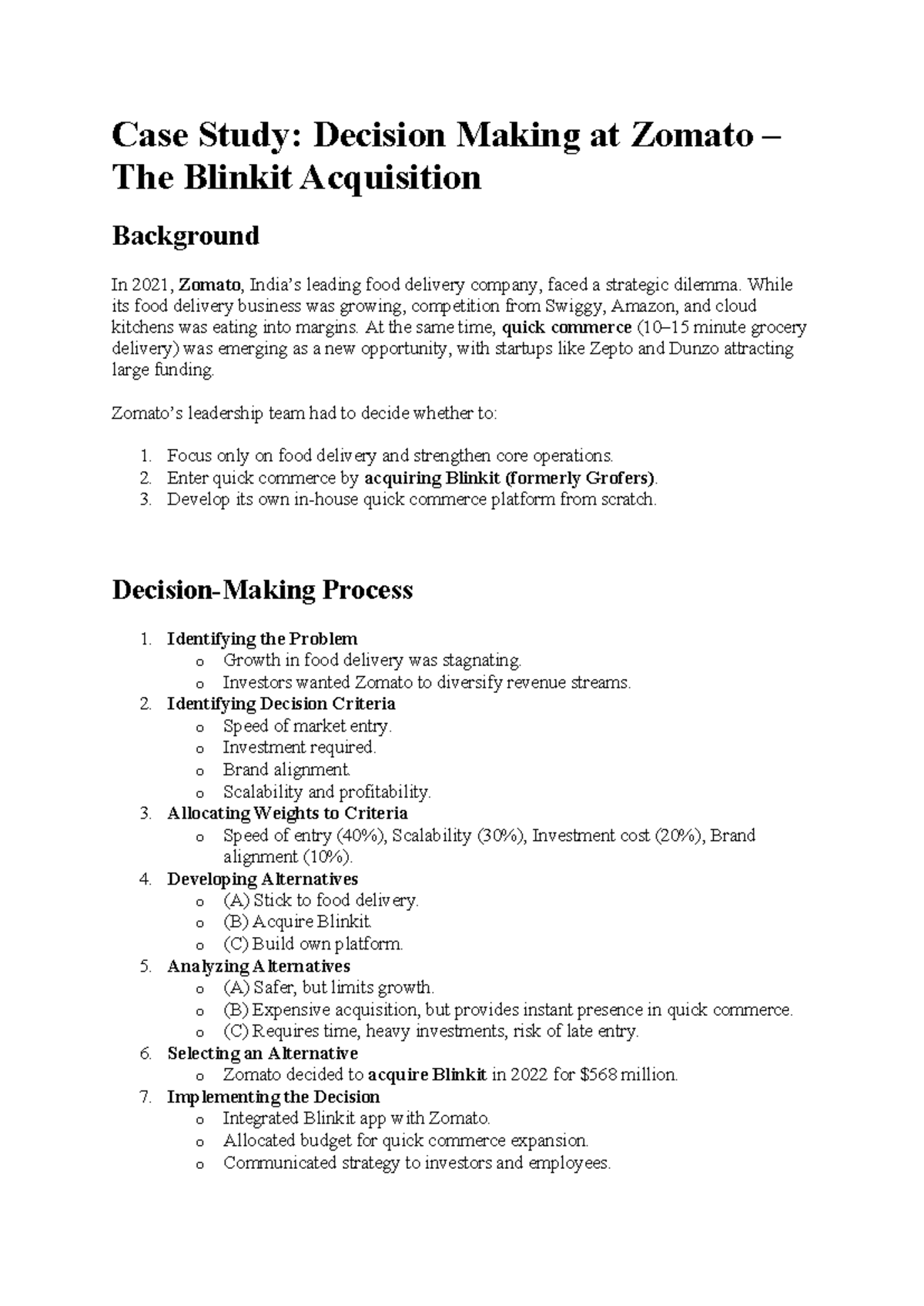 Case Study: Zomato's Blinkit Acquisition Decision (MGT 202) - Studocu