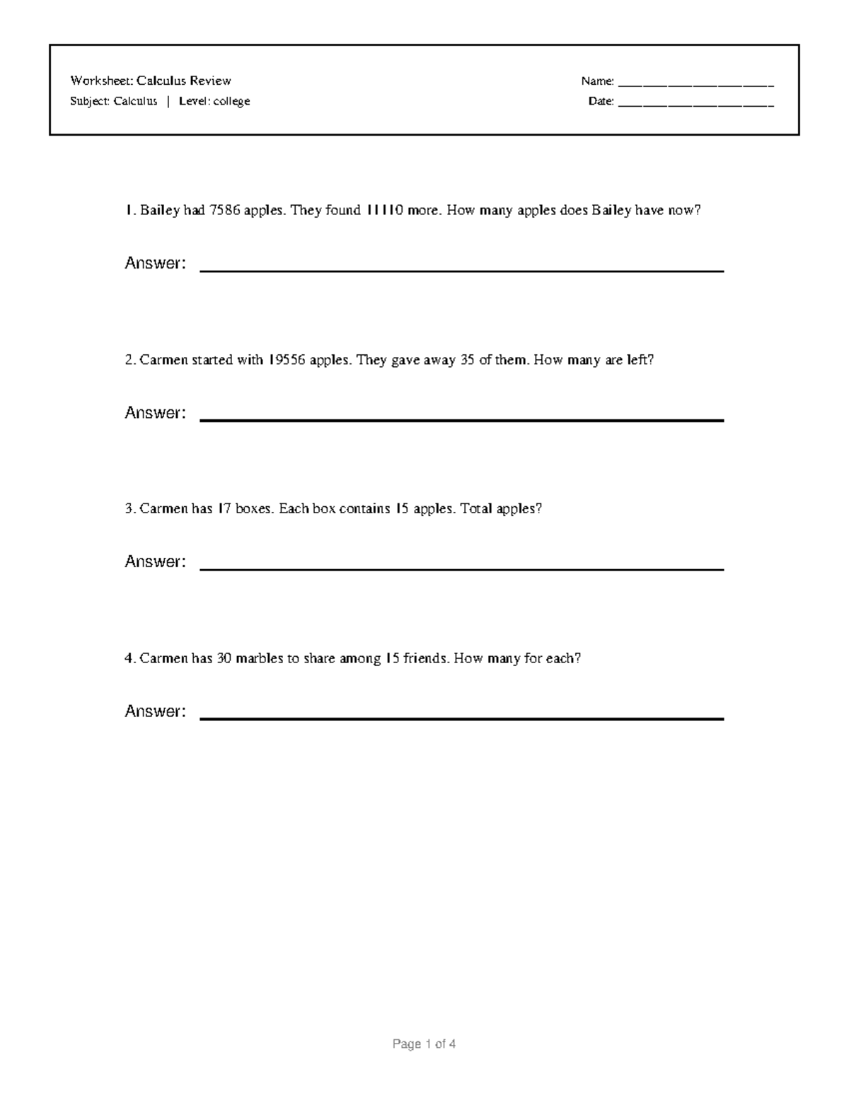 Calculus Review Worksheet: College Level Exercises and Answers - Studocu