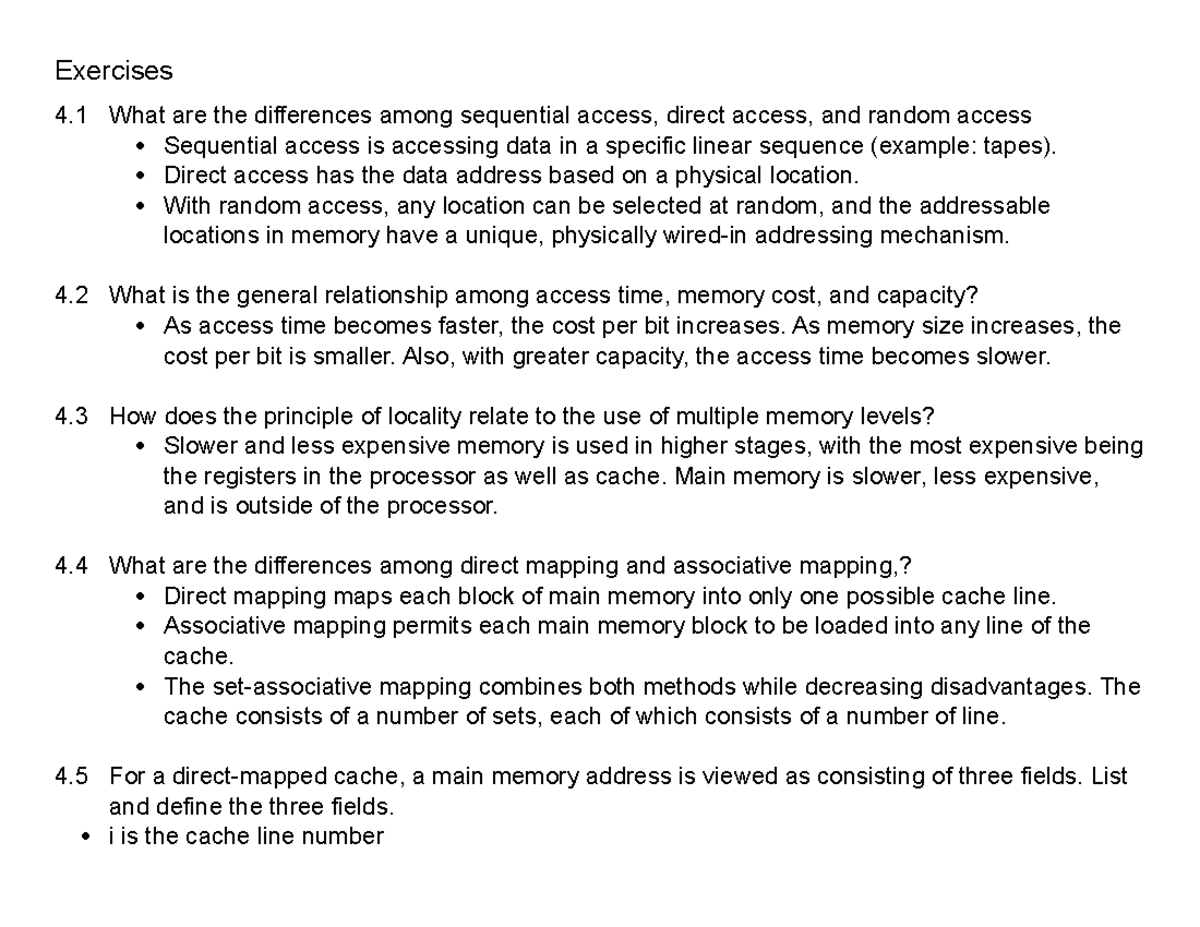 CEA chap 4 - Exercises - Exercises 4 What are the differences among sequential access, direct ...