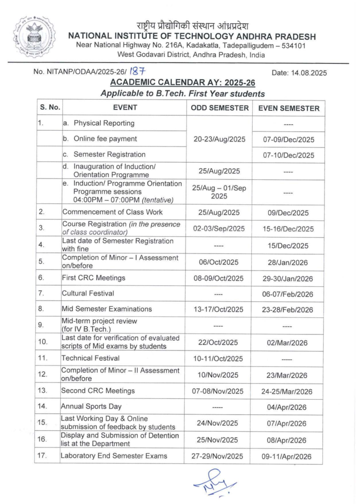 Academic Calendar 2025-26 for B.Tech First Year Students - Studocu