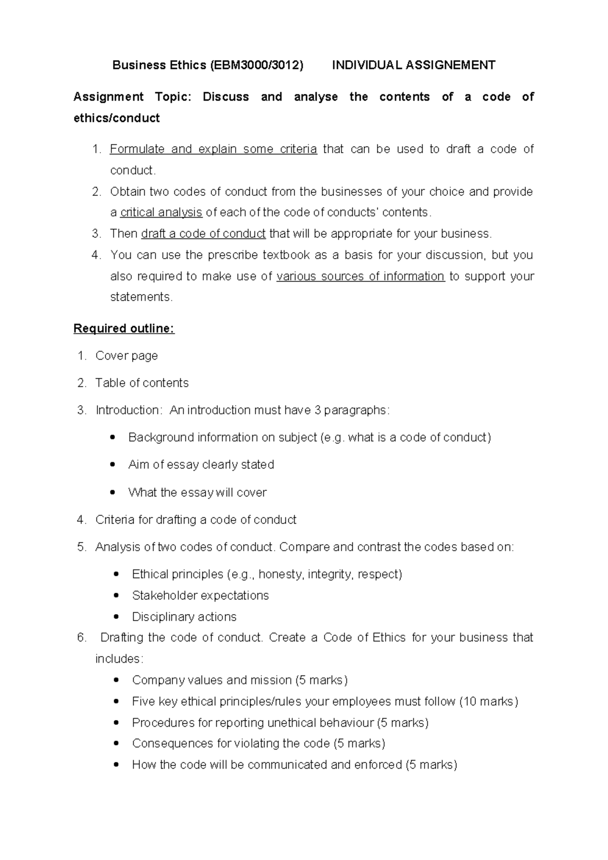 EBM3000 3012 Business Ethics Individual Assignment: Code of Conduct Analysis - Studocu