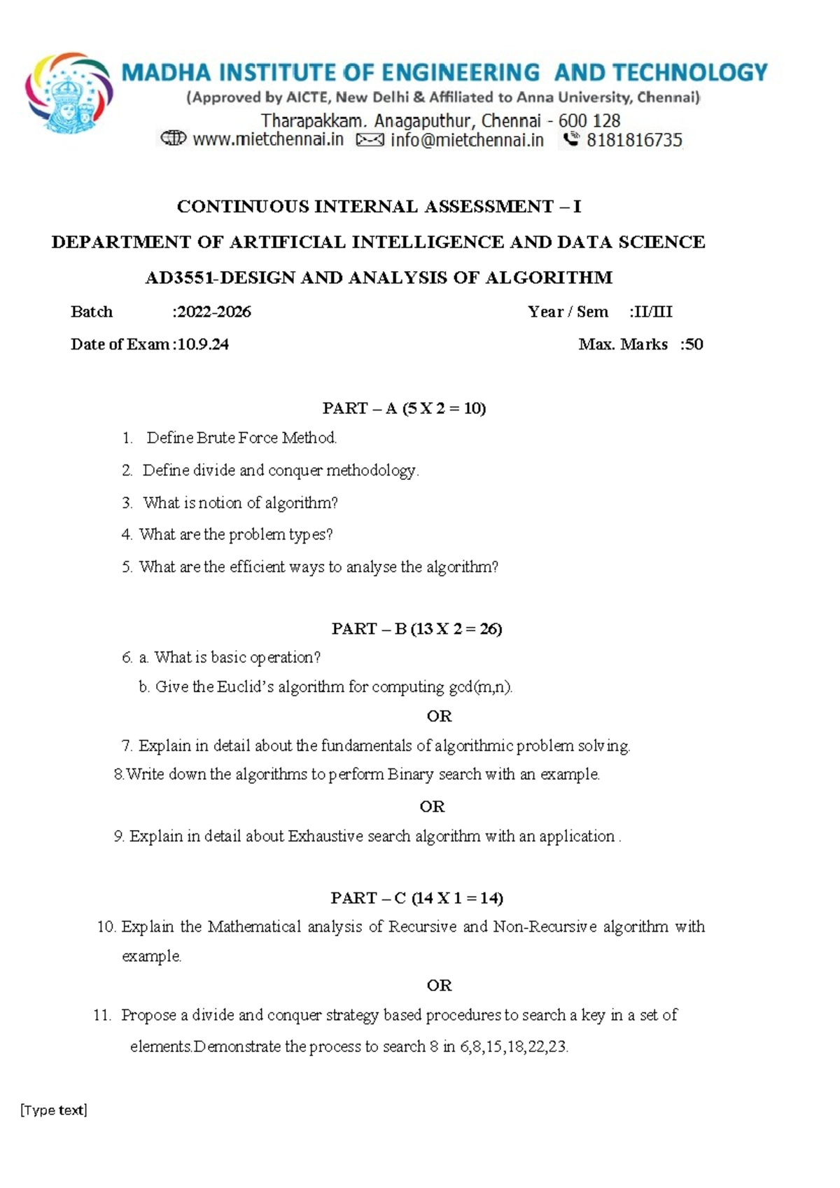 AD3551 - DAA Continuous Internal Assessment I Question Paper - Studocu