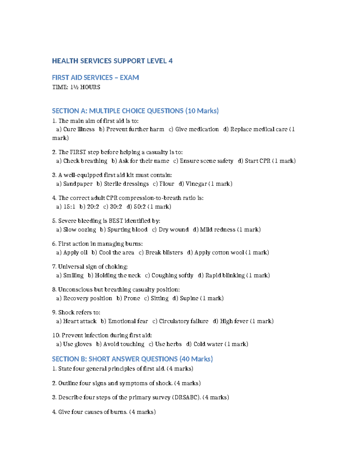 HEALTH SERVICES SUPPORT LEVEL 4 FIRST AID SERVICES EXAM - Studocu
