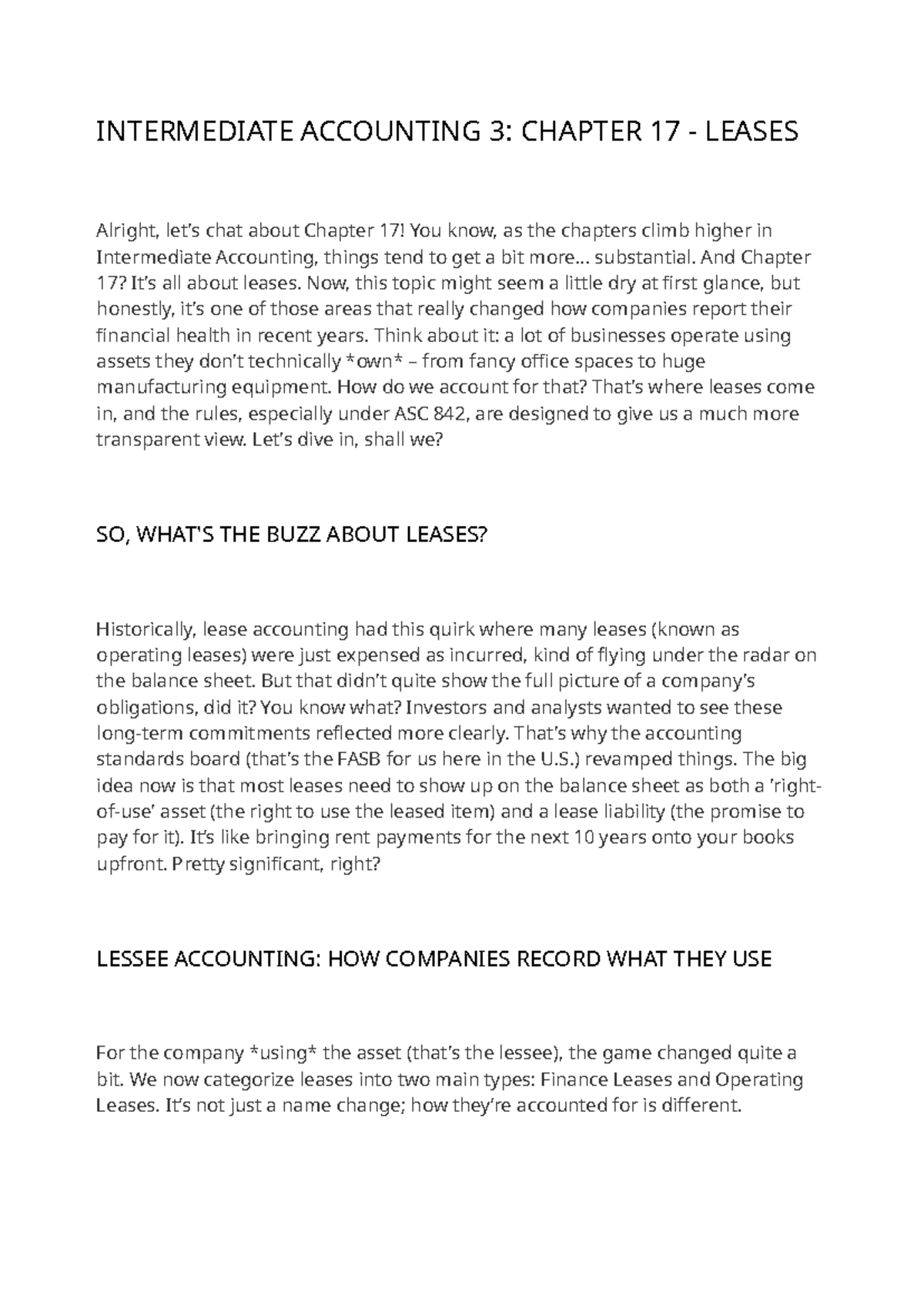 Intermediate Accounting 3: Chapter 17 Leases Overview - Studocu