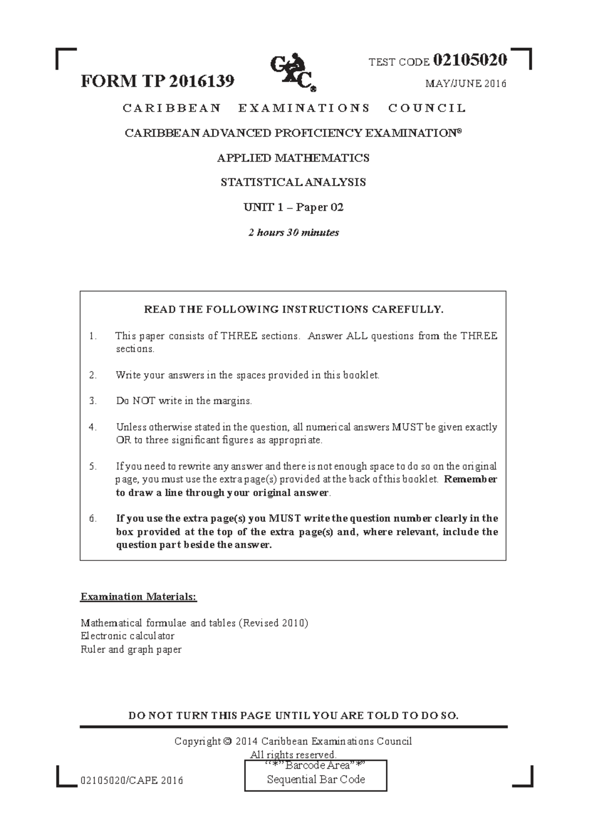 U1 APPLIED MATH 2016: STATISTICAL ANALYSIS EXAM PAPER - Studocu