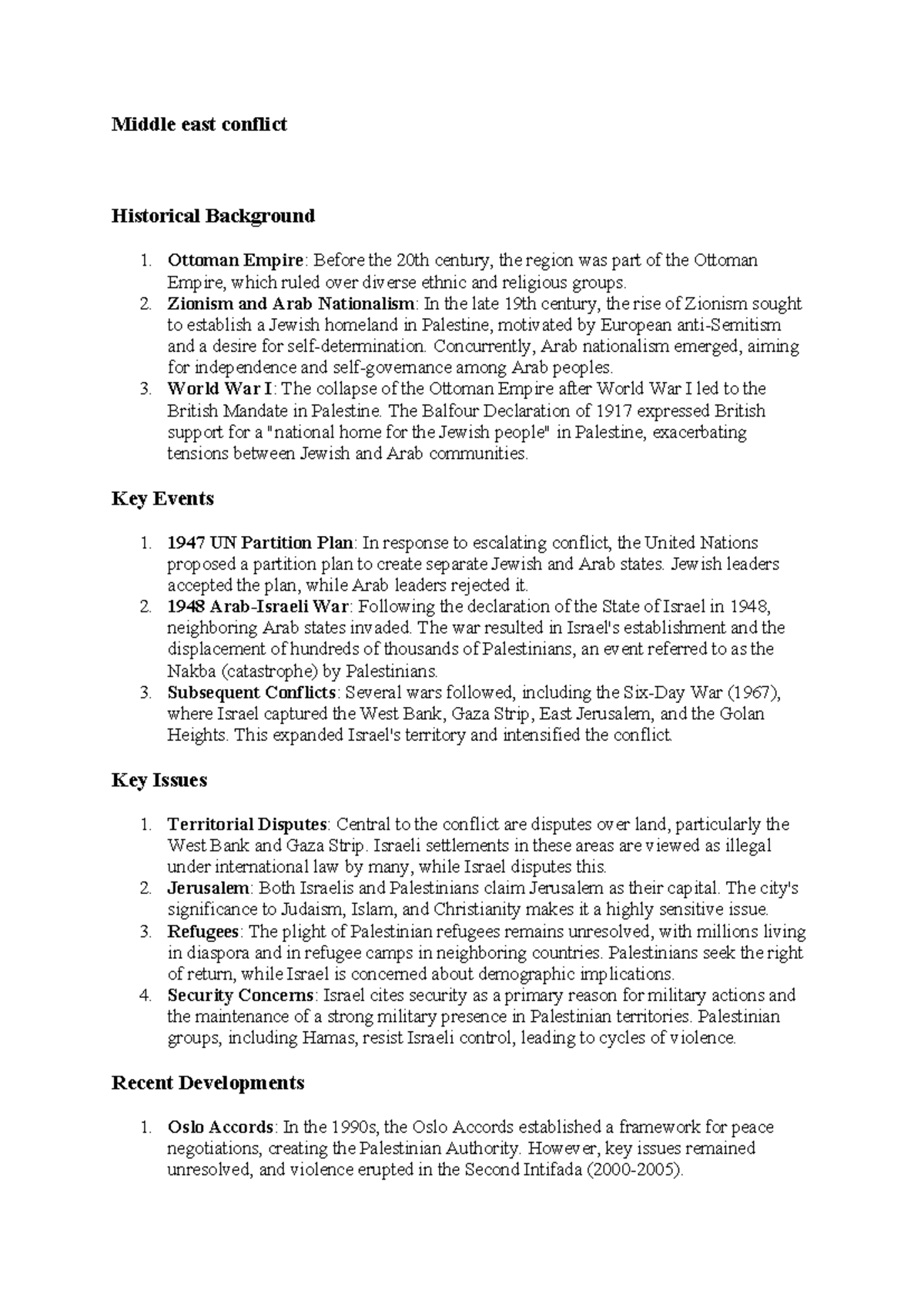 Middle East Conflict: Historical Background and Key Events Notes - Studocu