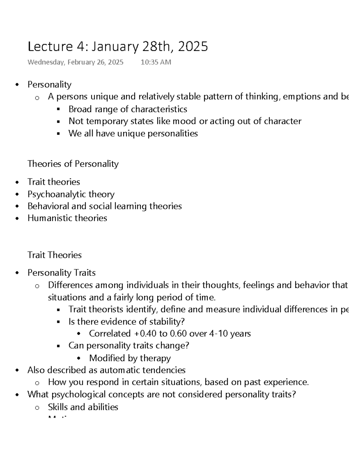 Lecture 4: Theories of Personality and Trait Models (PSY 101 ...