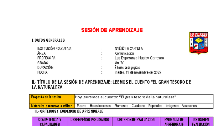 SESION DE APRENDIZAJE I: LEEMOS EL CUENTO "GRAN TESORO DE LA NATURALEZA ...