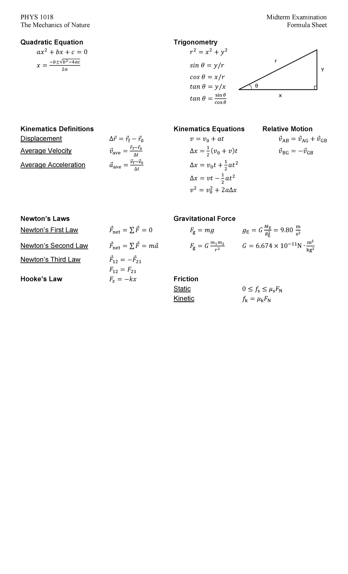 PHYS 1018 Midterm Exam Formula Sheet: Mechanics & Kinematics - Studocu