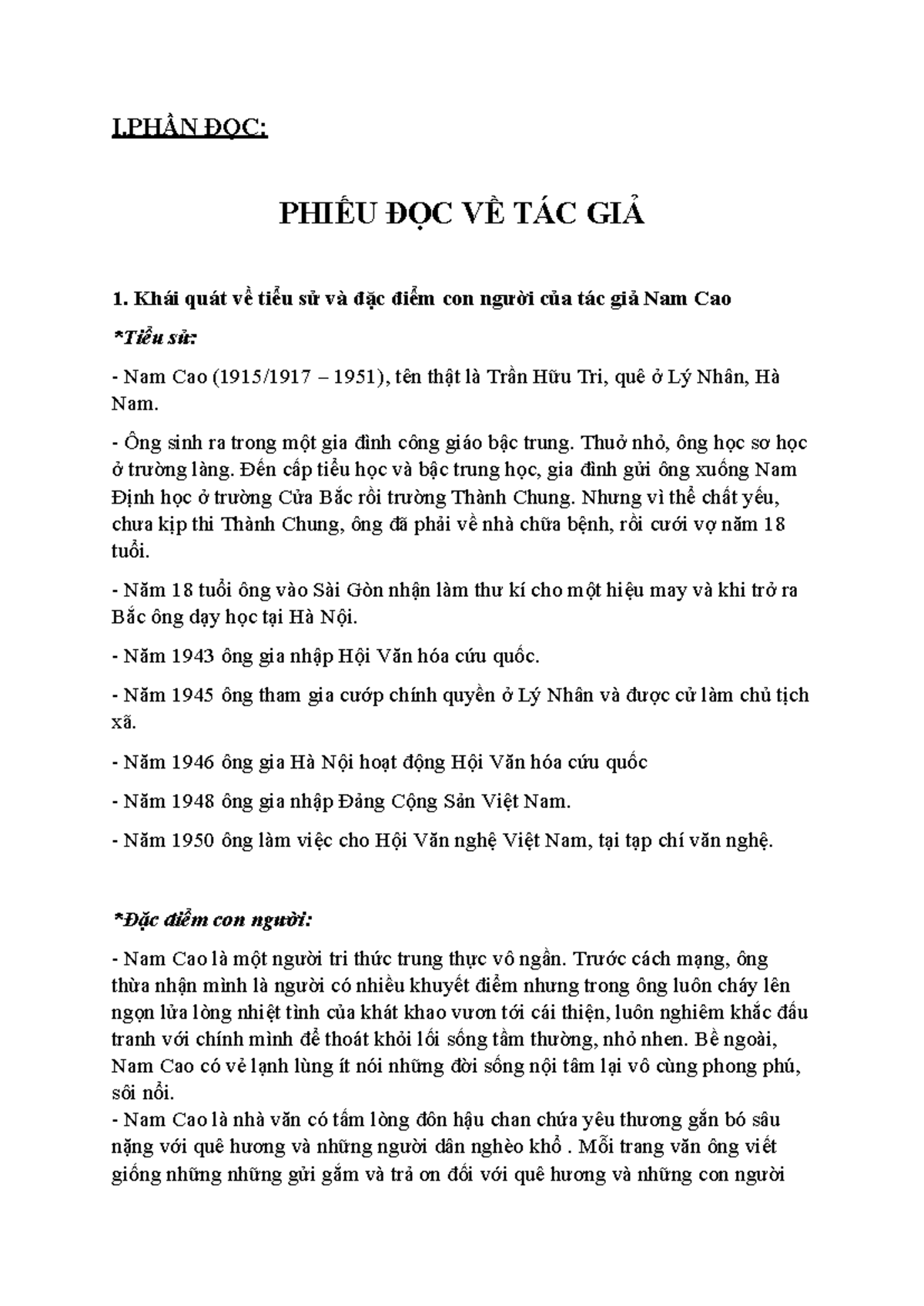 Tài Liệu Ôn Tập: Tác Giả Nam Cao (T.C.GI) - Studocu