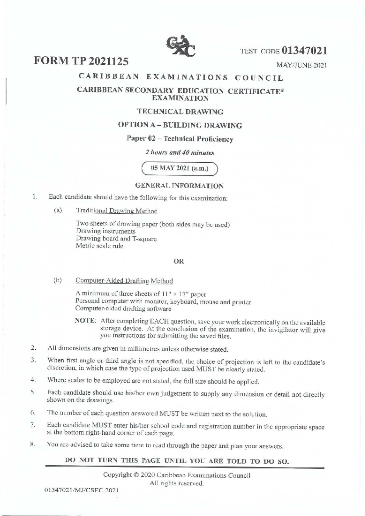 Technical Drawing Option A - Building Drawing Paper 02 (TEST CODE ...