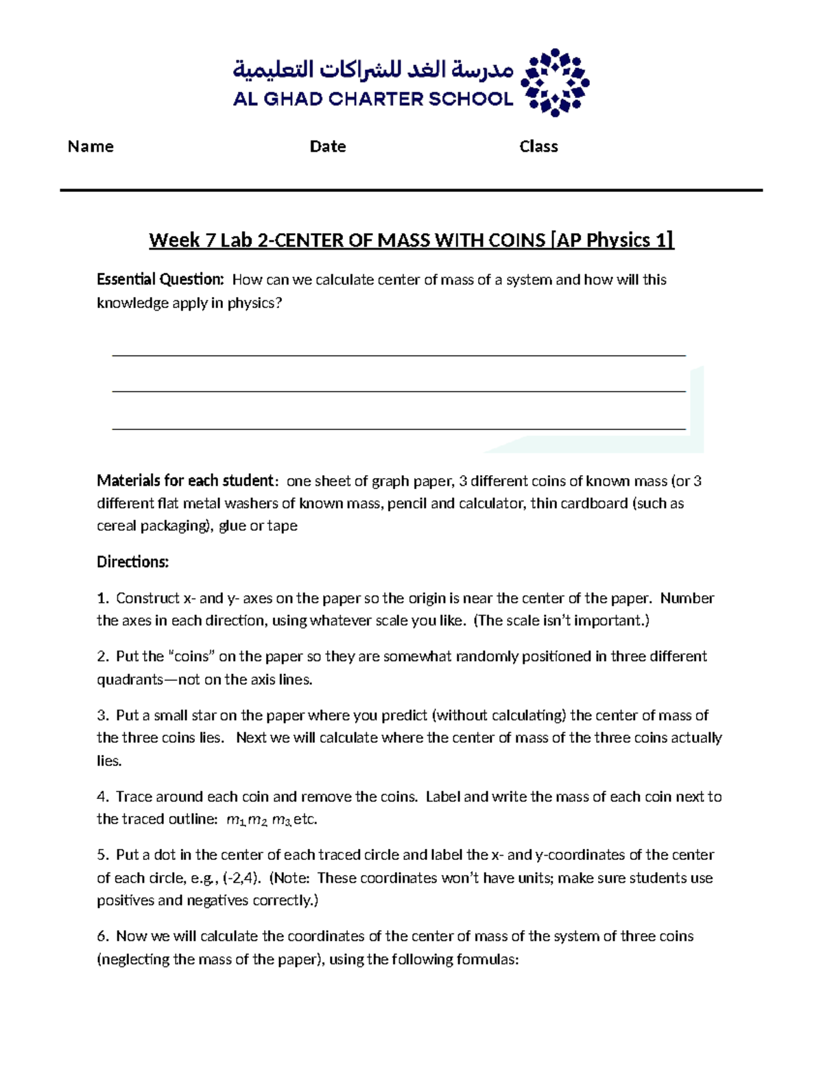 Physics 101: Week 7 Lab on Center of Mass with Coins Worksheet - Studocu