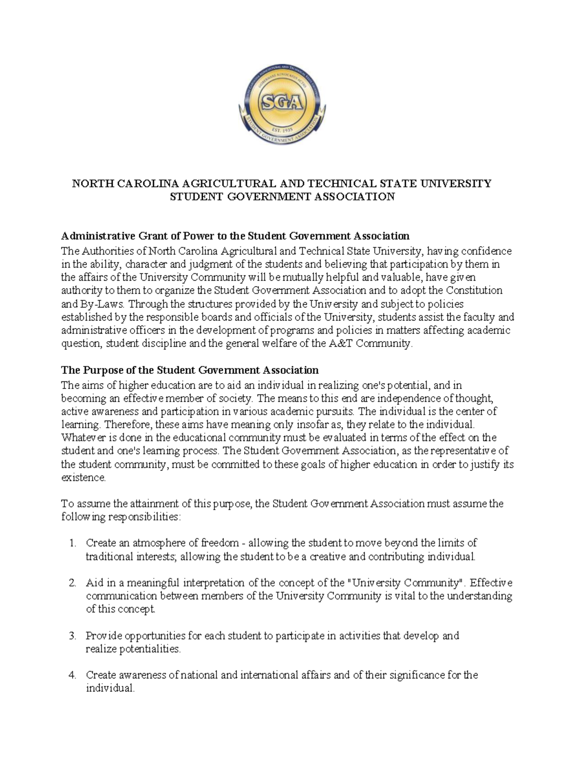 North Carolina A&T SGA Constitution and By-Laws Overview - Studocu