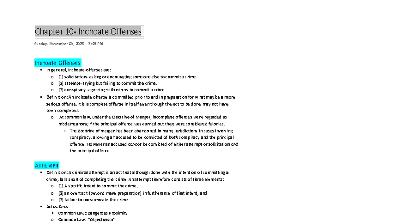 Chapter 10 - Inchoate Offenses: Notes & Outline - Studocu