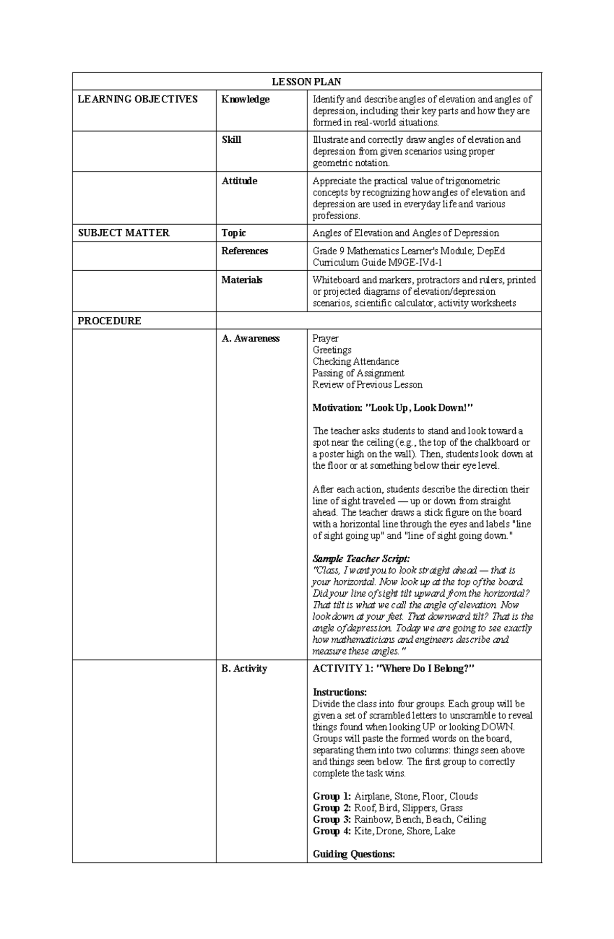 Lesson Plan: Angles of Elevation & Depression (M9GE-IVd-1) - Studocu