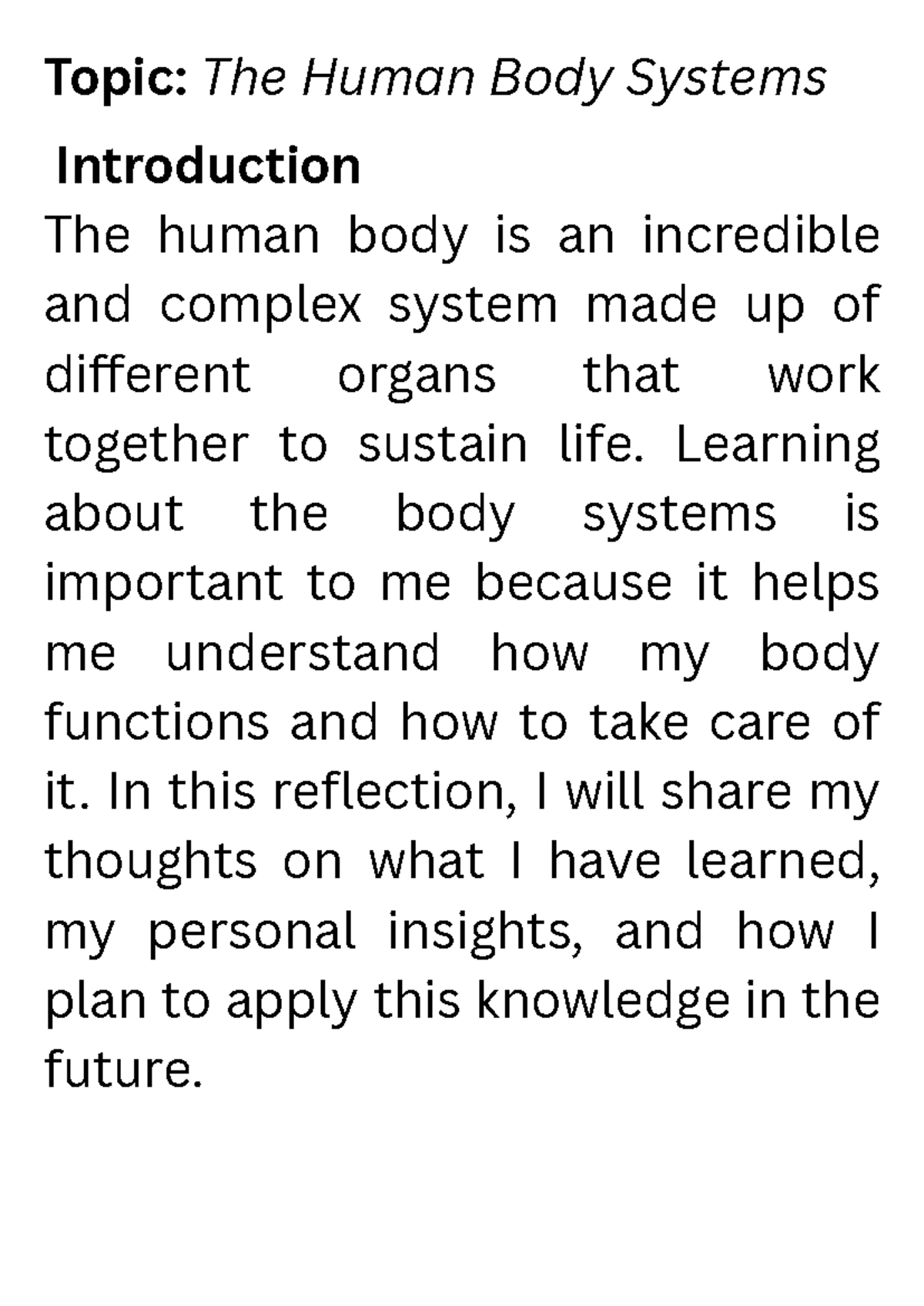 human body system - Topic: The Human Body Systems Introduction The ...