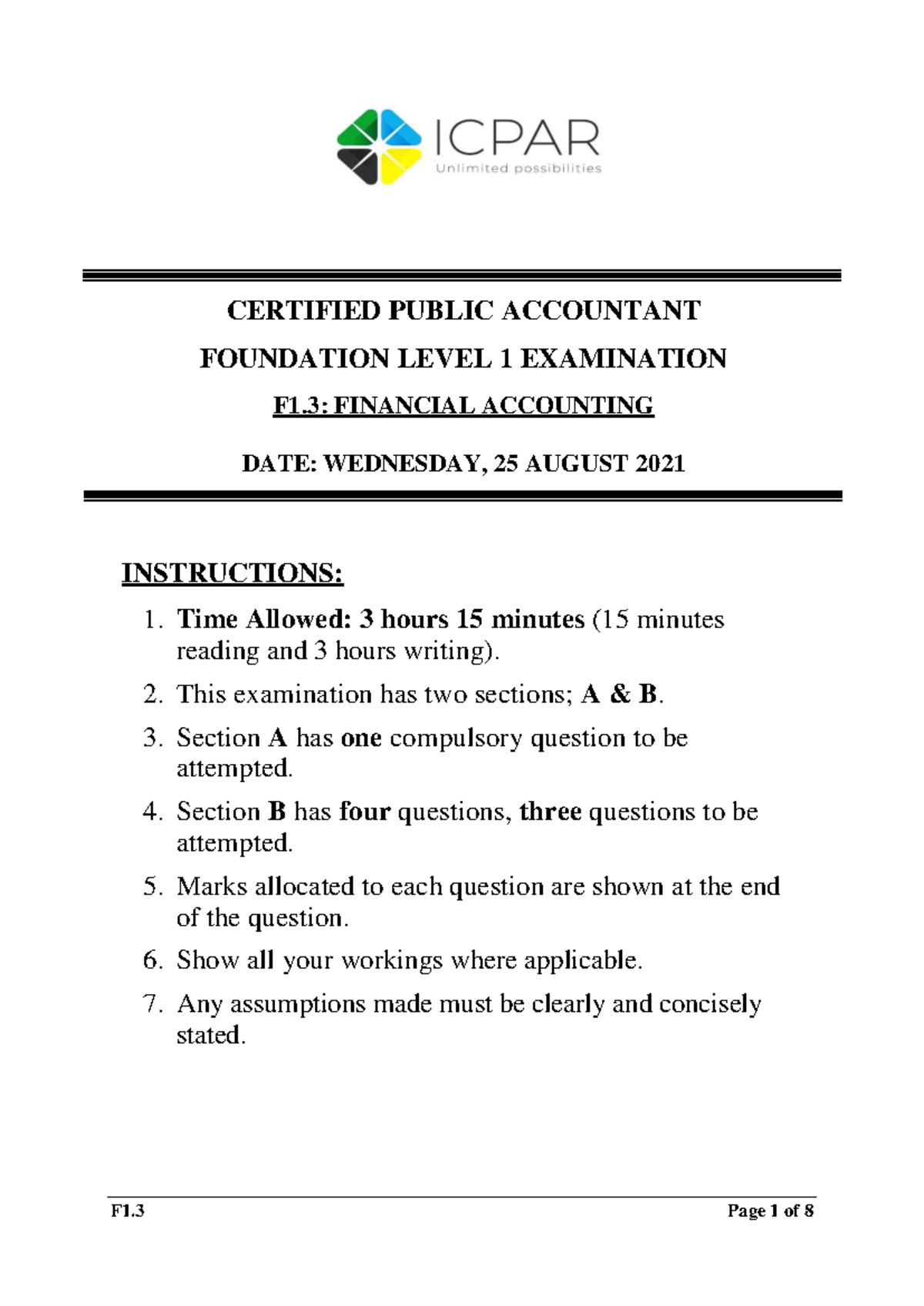 F1.3 Financial Accounting: CPA Foundation Level Exam QP August 2021 ...