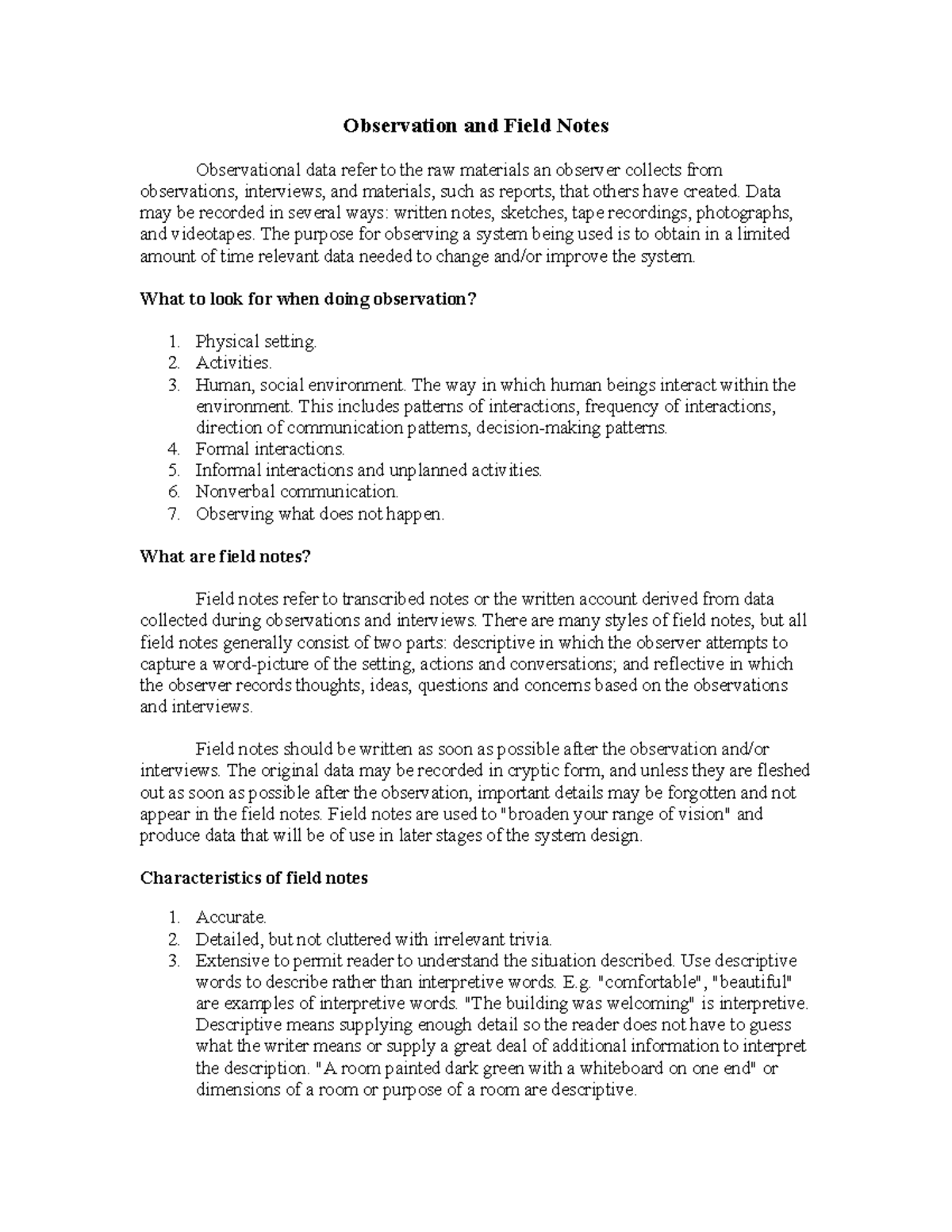 Obs Notes Handout: Guidelines for Effective Observation & Field Notes ...