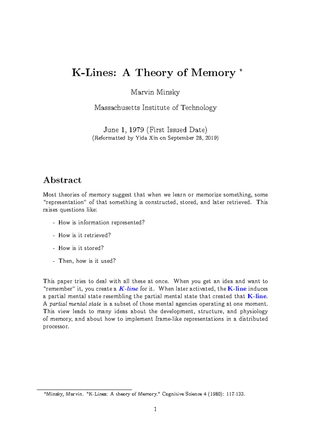1980-MIT-Cognitive Science: A Theory of Memory by Marvin Minsky - Studocu