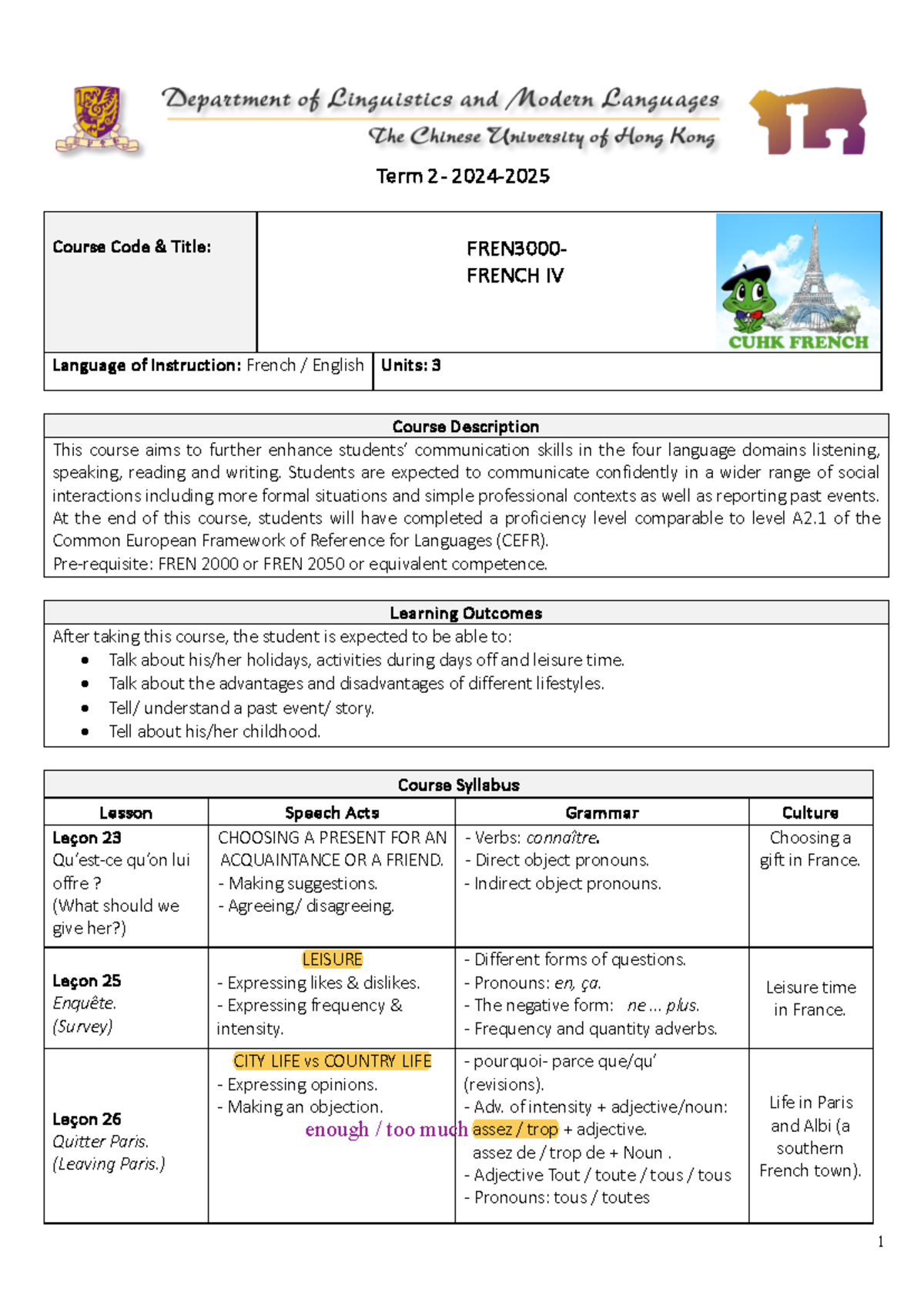 FREN3000 2425 T2 Course Outline - Term 2 - 2024 - 2025 Course Code ...