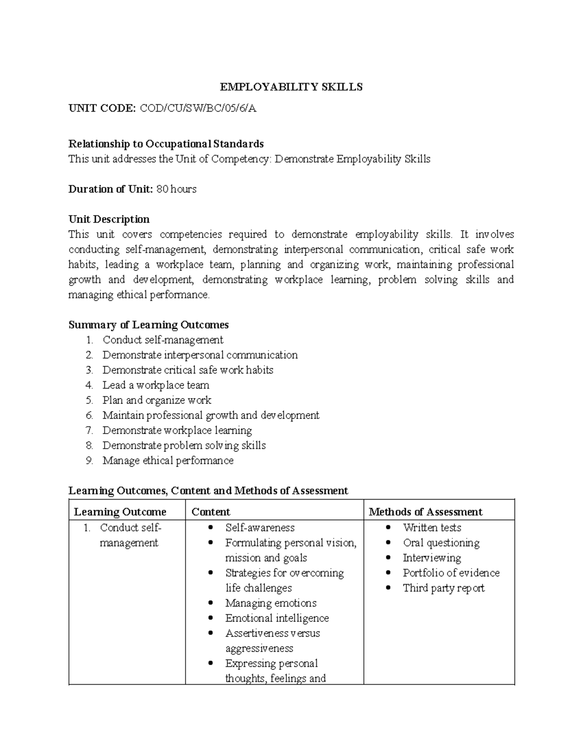 Employability Skills Unit Code: Relationship to Occupational Standards ...