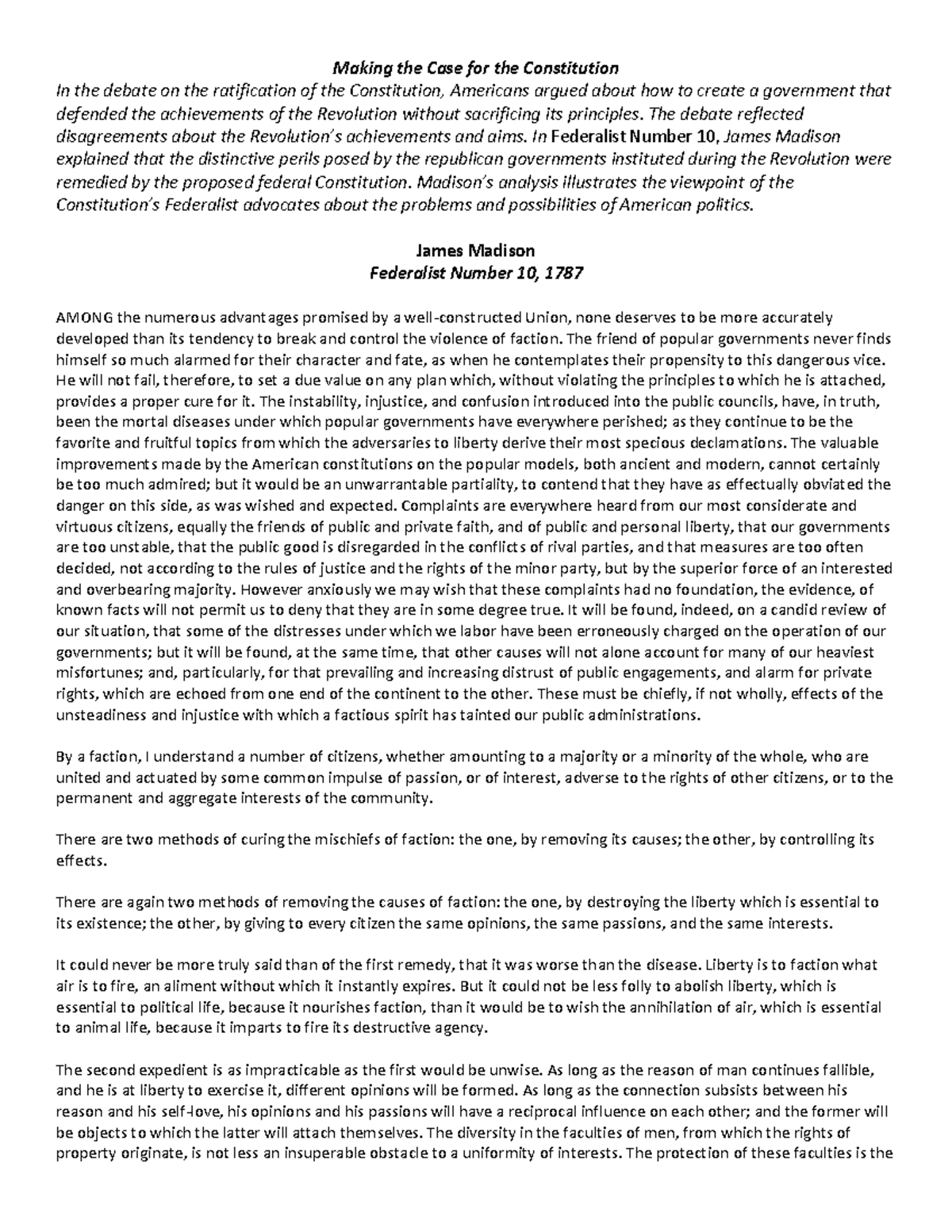 Making the Case for the Constitution: Analysis of Federalist No. 10 ...
