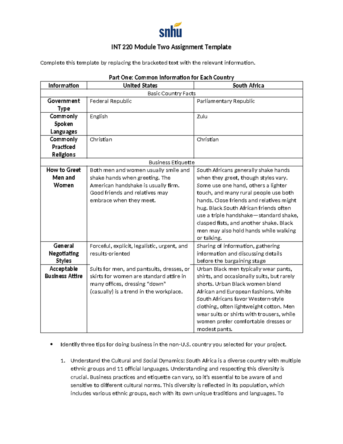 INT 220 Module Two Assignment: Cultural Comparisons USA & South Africa - Studocu