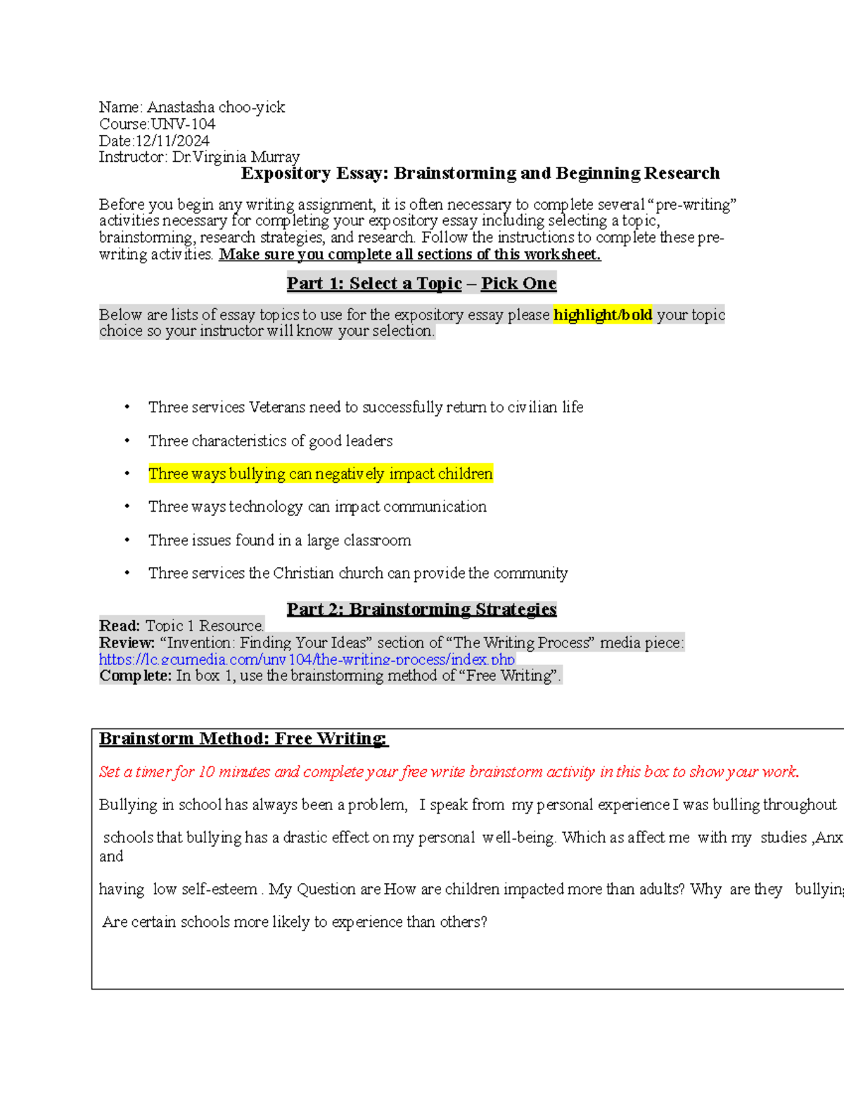 UNV-104-RS-T1-Expository Essay Pre-Writing Activities Worksheet - Studocu
