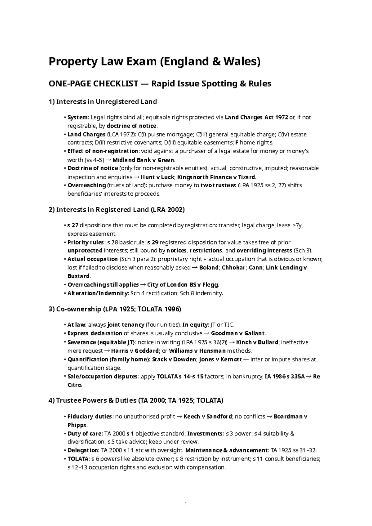 Property Law Exam (E&W) - One-Page Checklist & Case Table - Studocu
