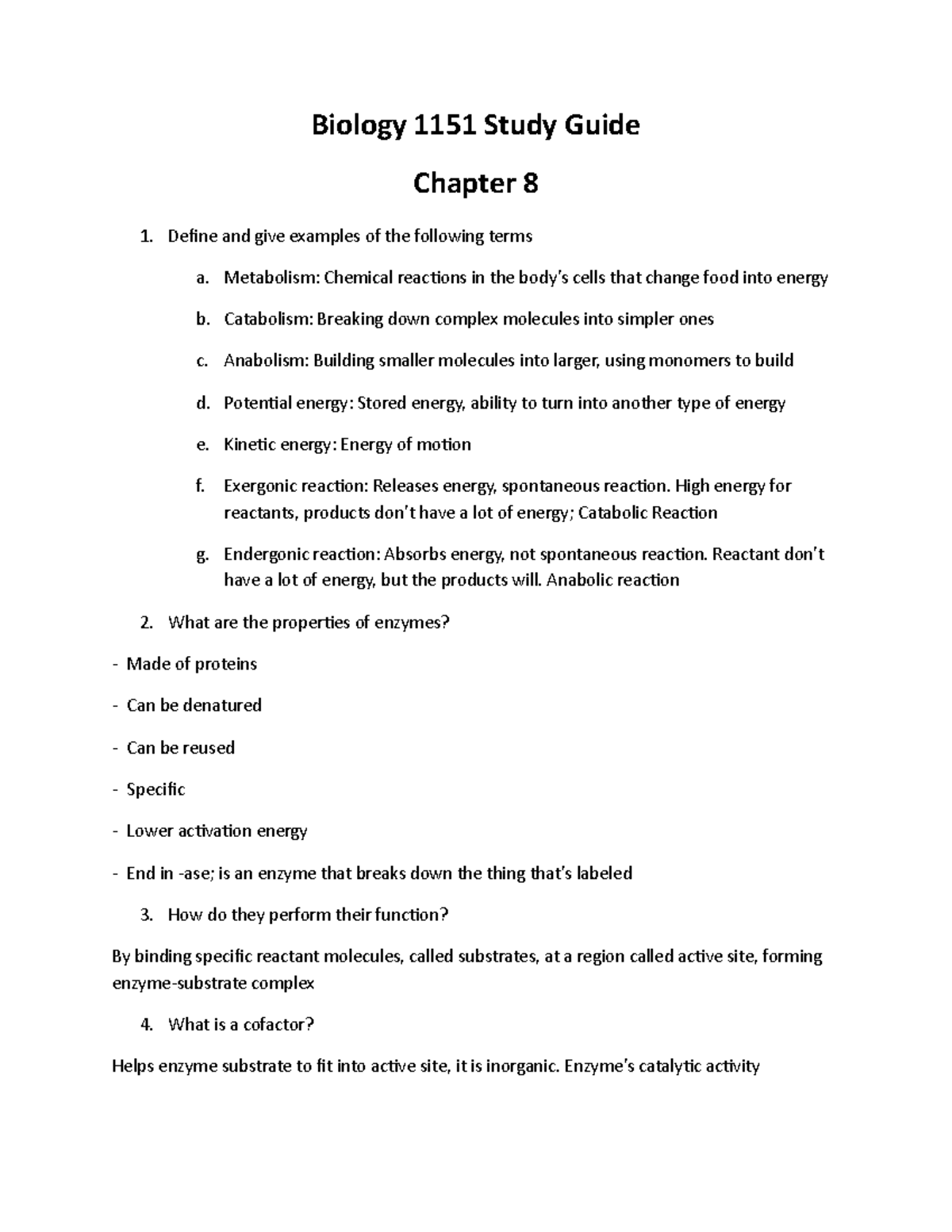 Biology 1151 Study Guide: Chapter 8 - Metabolism & Enzymes - Studocu