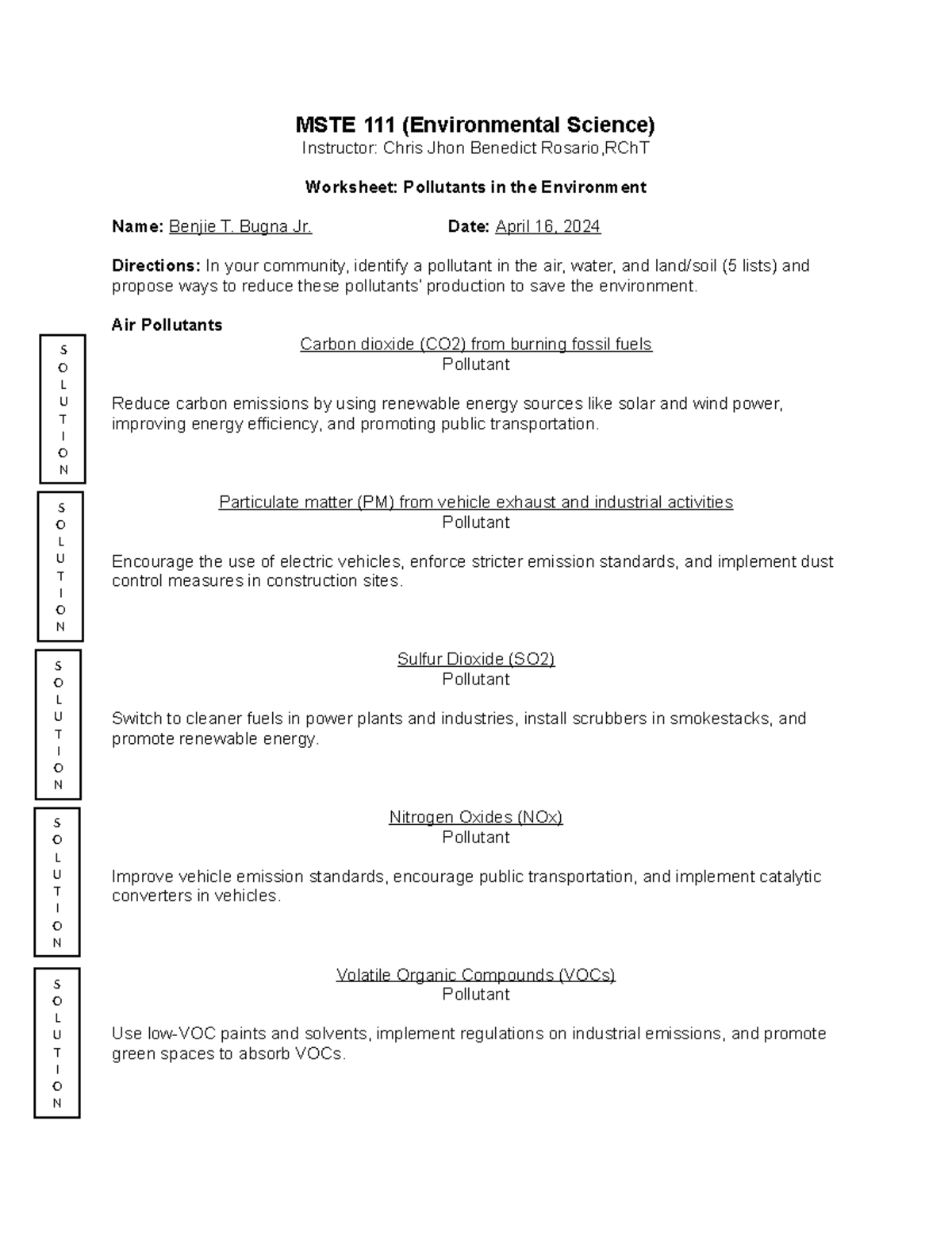 MSTE 111 Environmental Science Worksheet: Pollutants & Solutions - Studocu