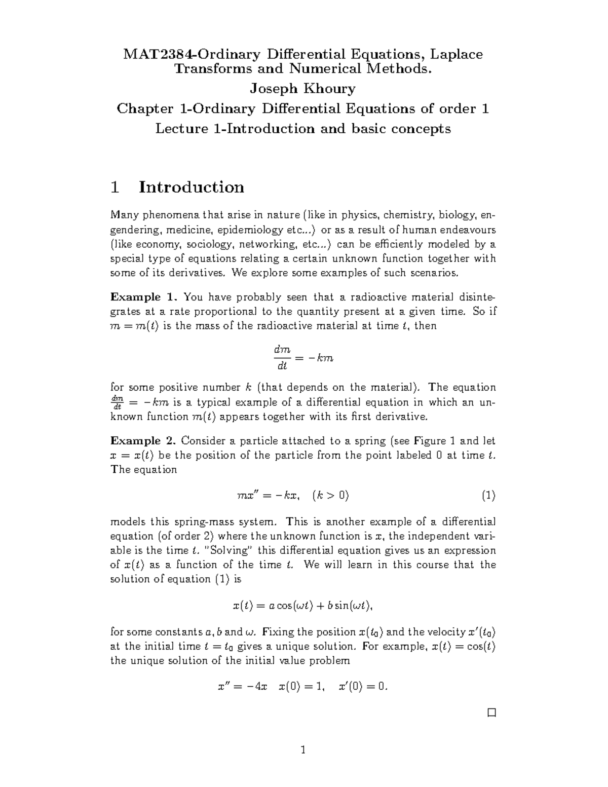 Differential Equations and Laplace Transforms: Lecture 1 Notes - Studocu
