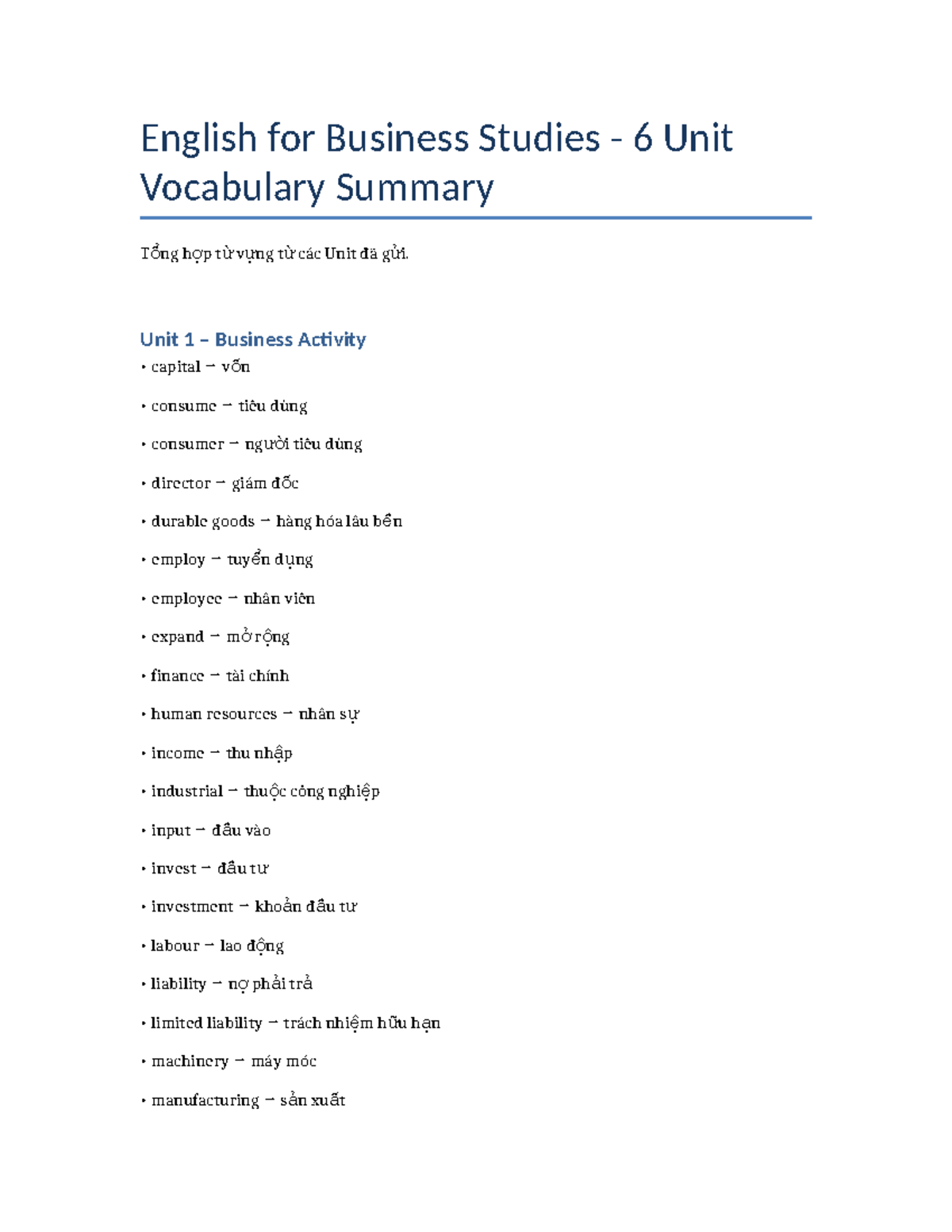 English for Business Studies 6 Unit Vocabulary Summary - Studocu