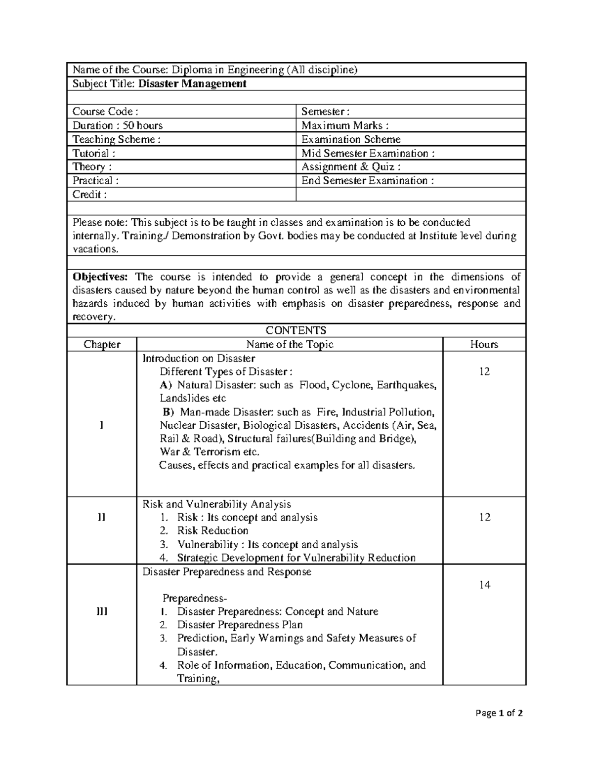 Syllabus for Disaster Management (Diploma in Engineering) - Studocu