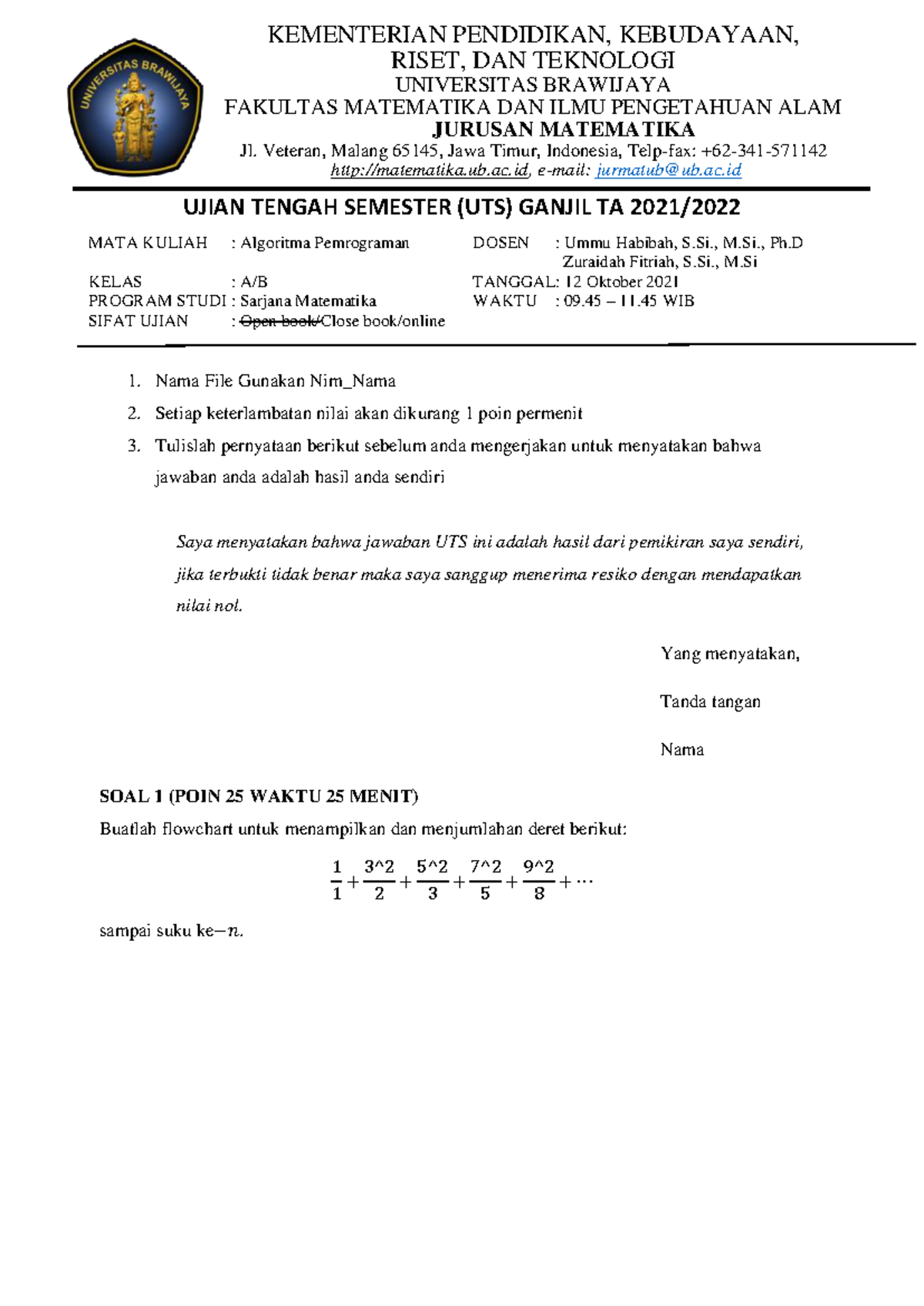 Uts Algoritma Pemrograman Ta 2021 Dosen Ummu Habibah Studocu