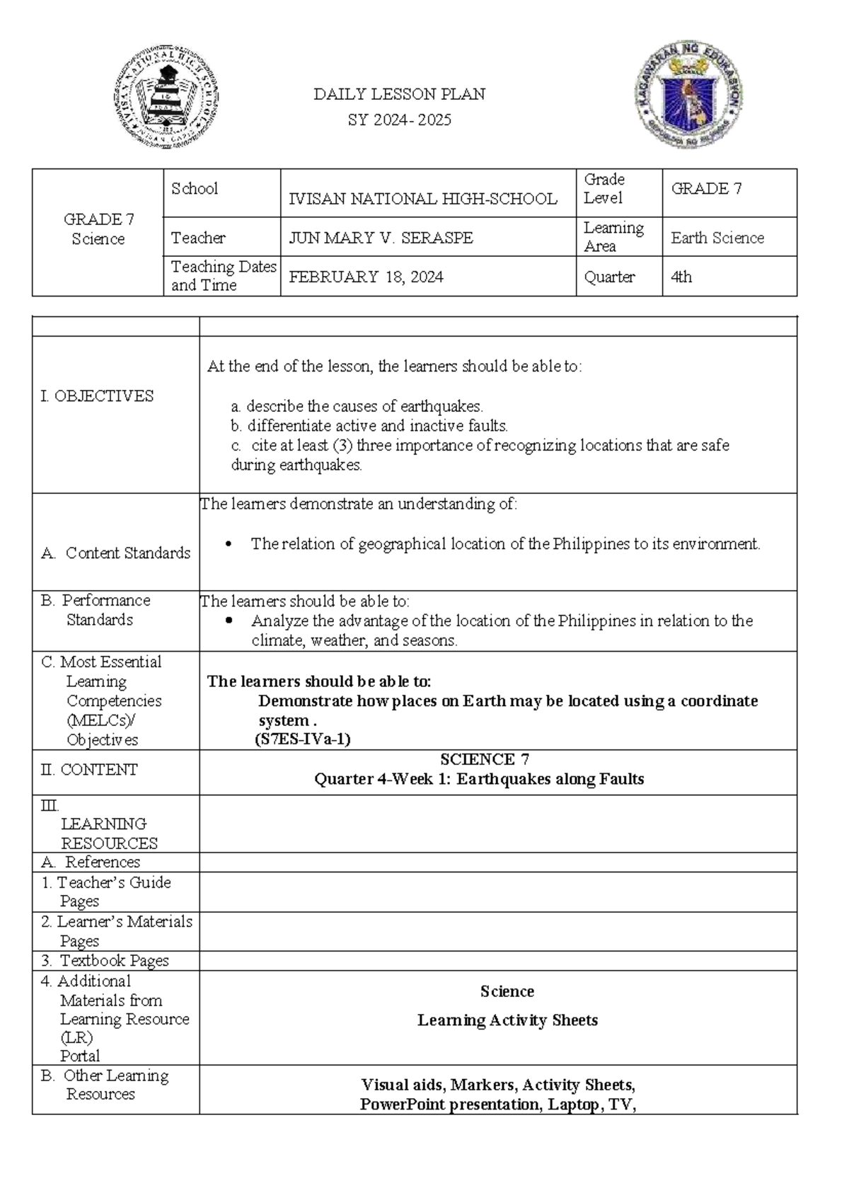 DLL Q4-W1: Lesson Plan on Earthquakes and Faults in Grade 7 Science ...