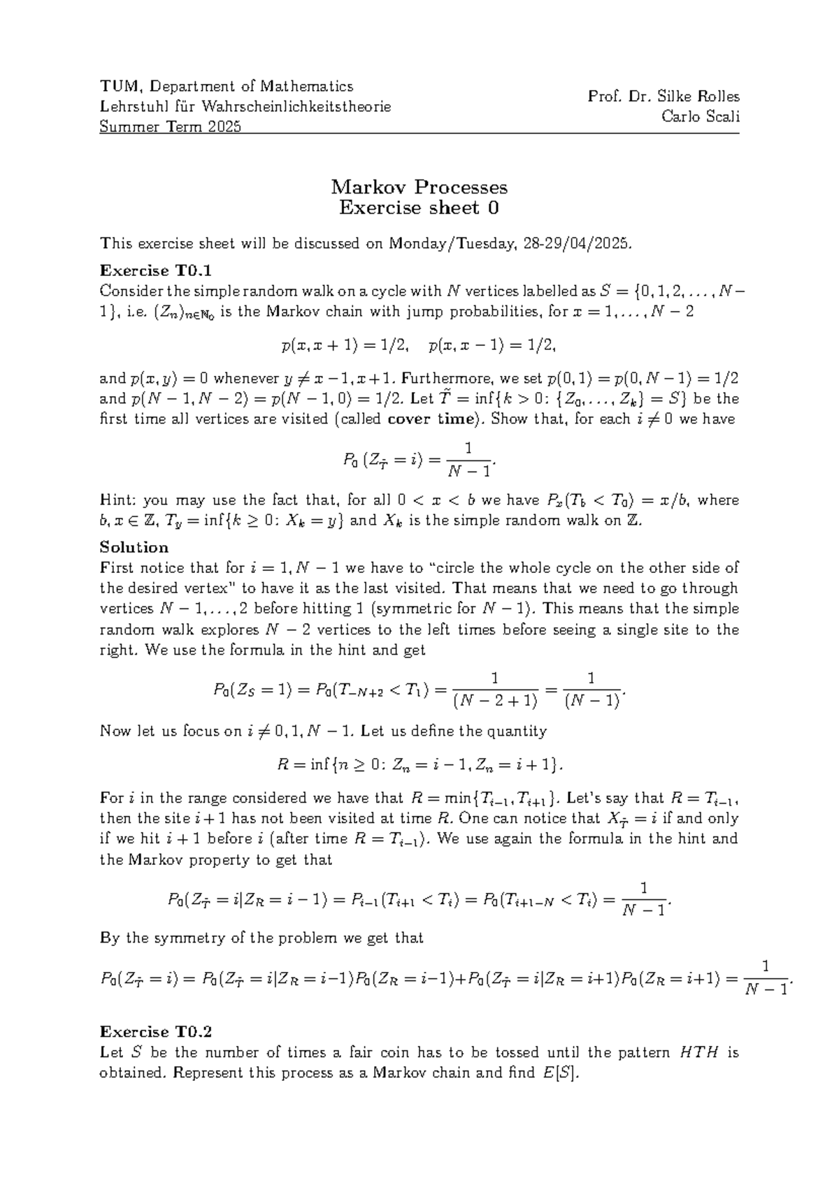 TUM Math 2025: Markov Processes Exercise Sheet 0 Solutions - Studocu