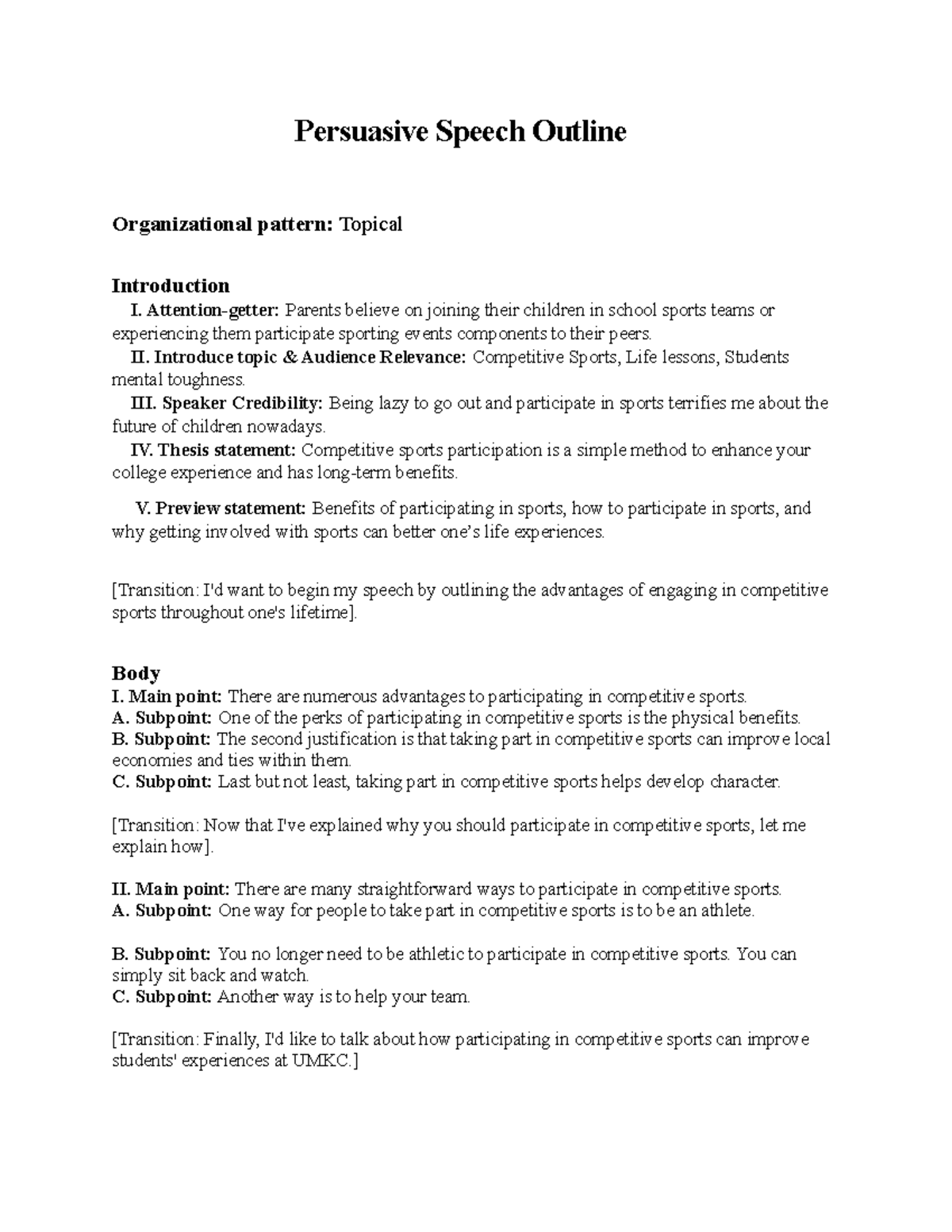 Competitive sports - ...... - Persuasive Speech Outline Organizational ...