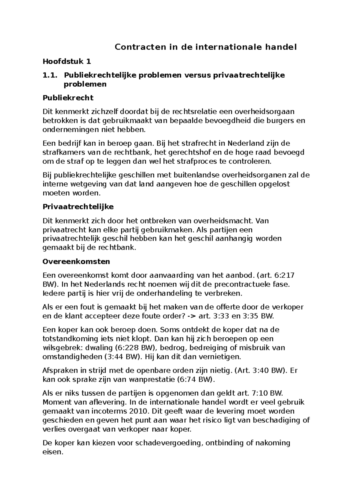 Hoofdstuk 1: Contracten in de internationale handel Semester 1 ...